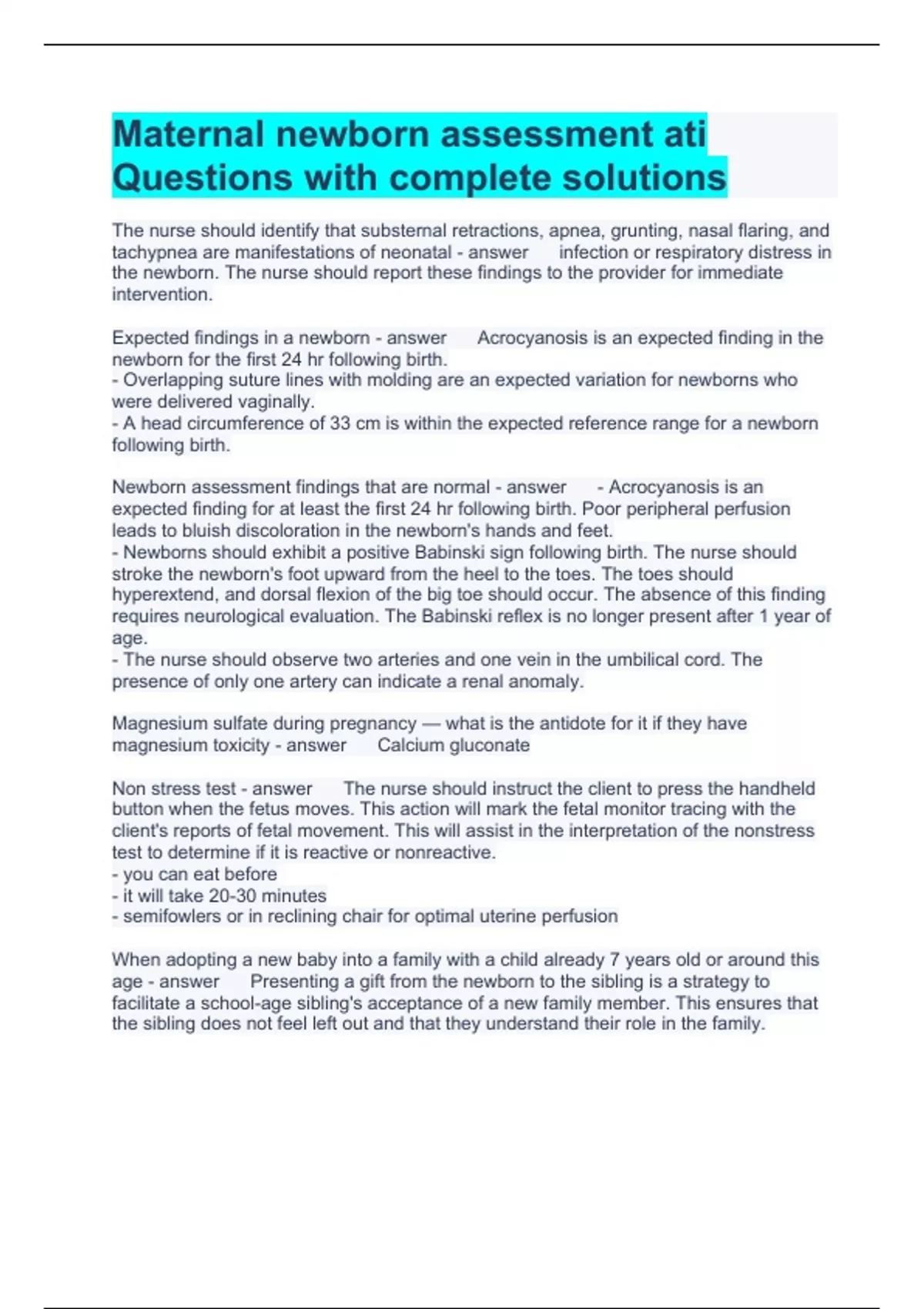 Maternal newborn assessment ati Questions with complete solutions - ATI ...