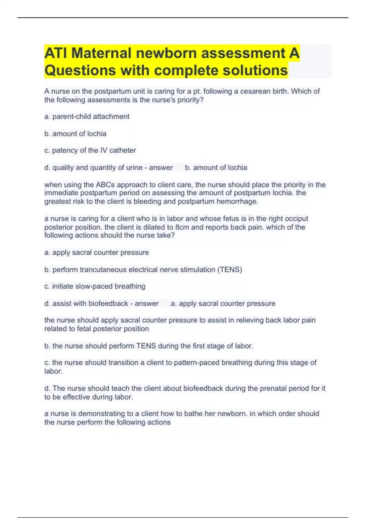 ATI Maternal newborn assessment A Questions with complete solutions ...