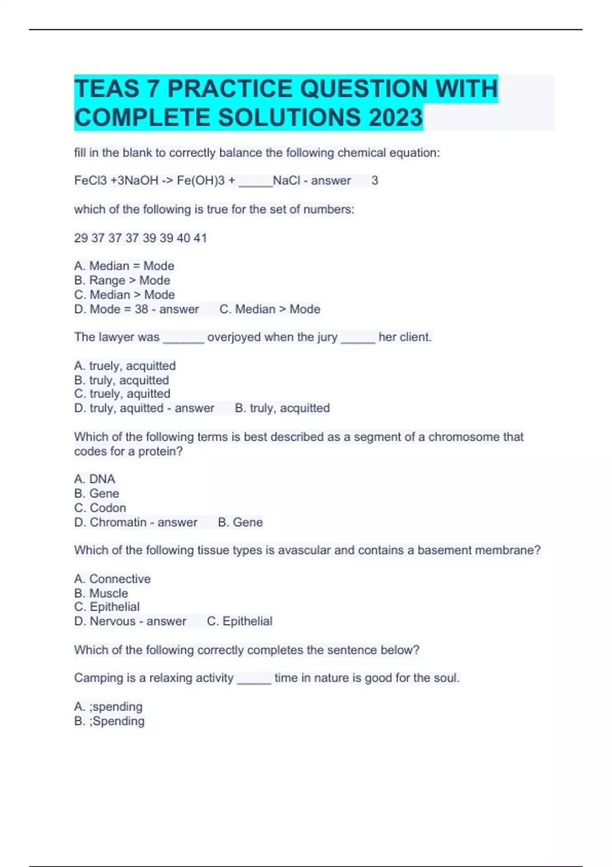TEAS 7 PRACTICE QUESTION WITH COMPLETE SOLUTIONS 2023 - ATI TEAS 7 ...