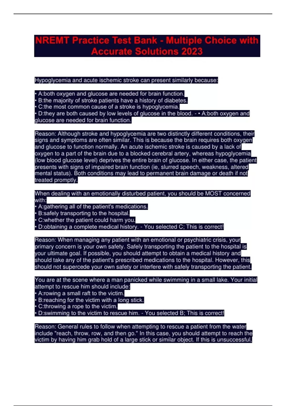 NREMT Practice Test Bank - Multiple Choice with Accurate Solutions 2023 ...