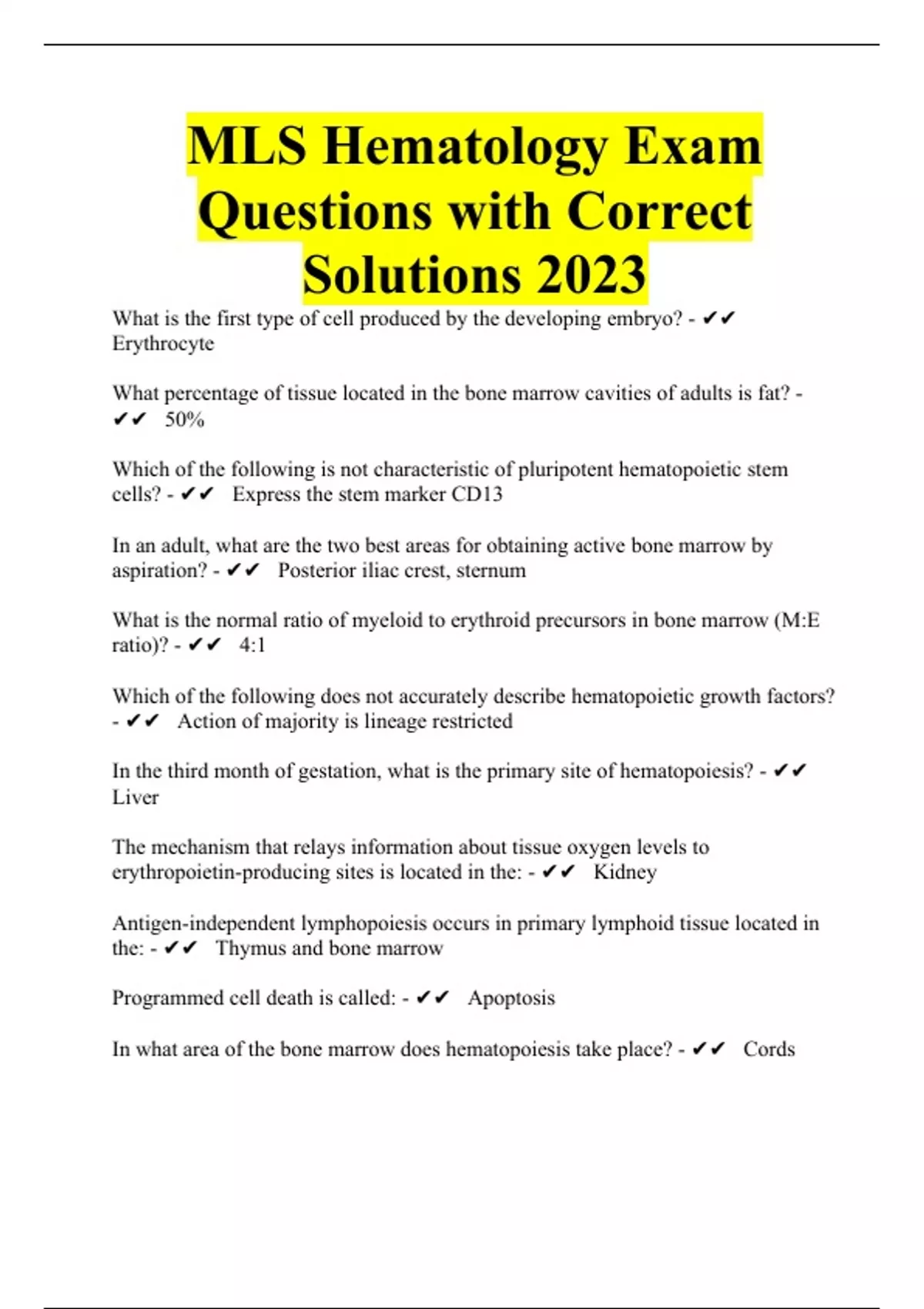 MLS Hematology Exam Questions with Correct Solutions 2023 - MLS ...