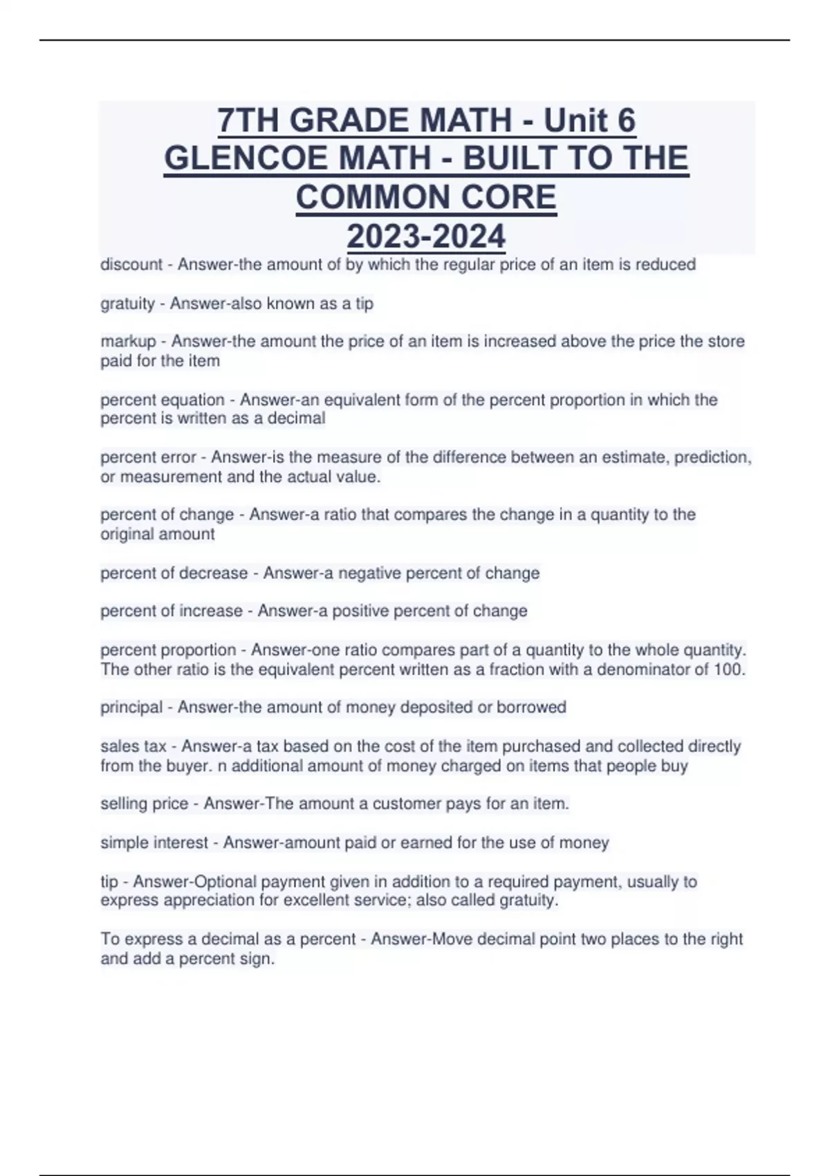7TH GRADE MATH - Unit 6 GLENCOE MATH - BUILT TO THE COMMON CORE - 7TH ...