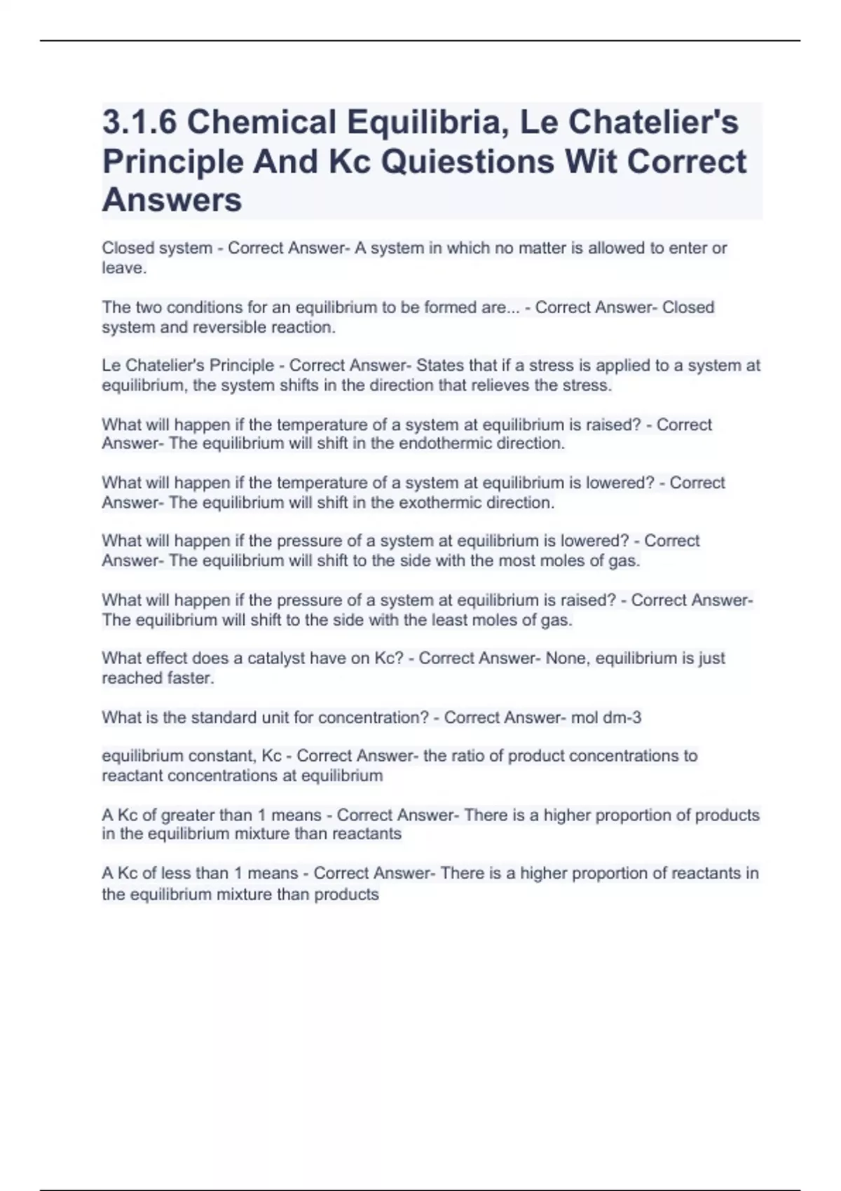 3.1.6 Chemical Equilibria, Le Chatelier's Principle And Kc Quiestions ...