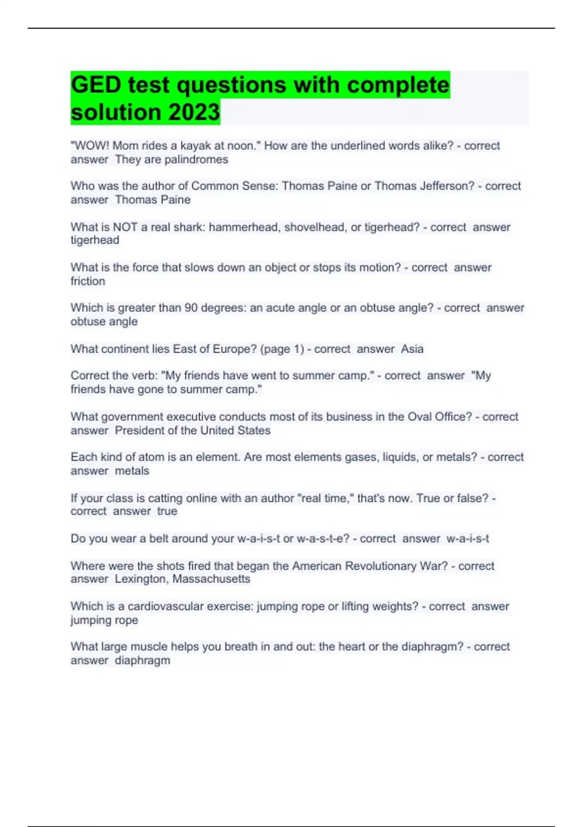 GED test questions with complete solution 2023 - GED - Stuvia US