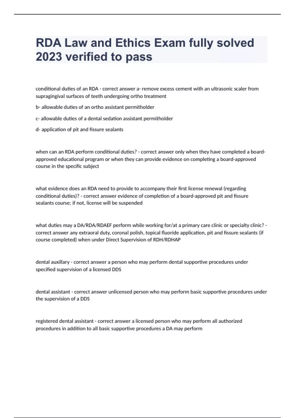 RDA Law and Ethics Exam fully solved 2023 verified to pass - RDA ...