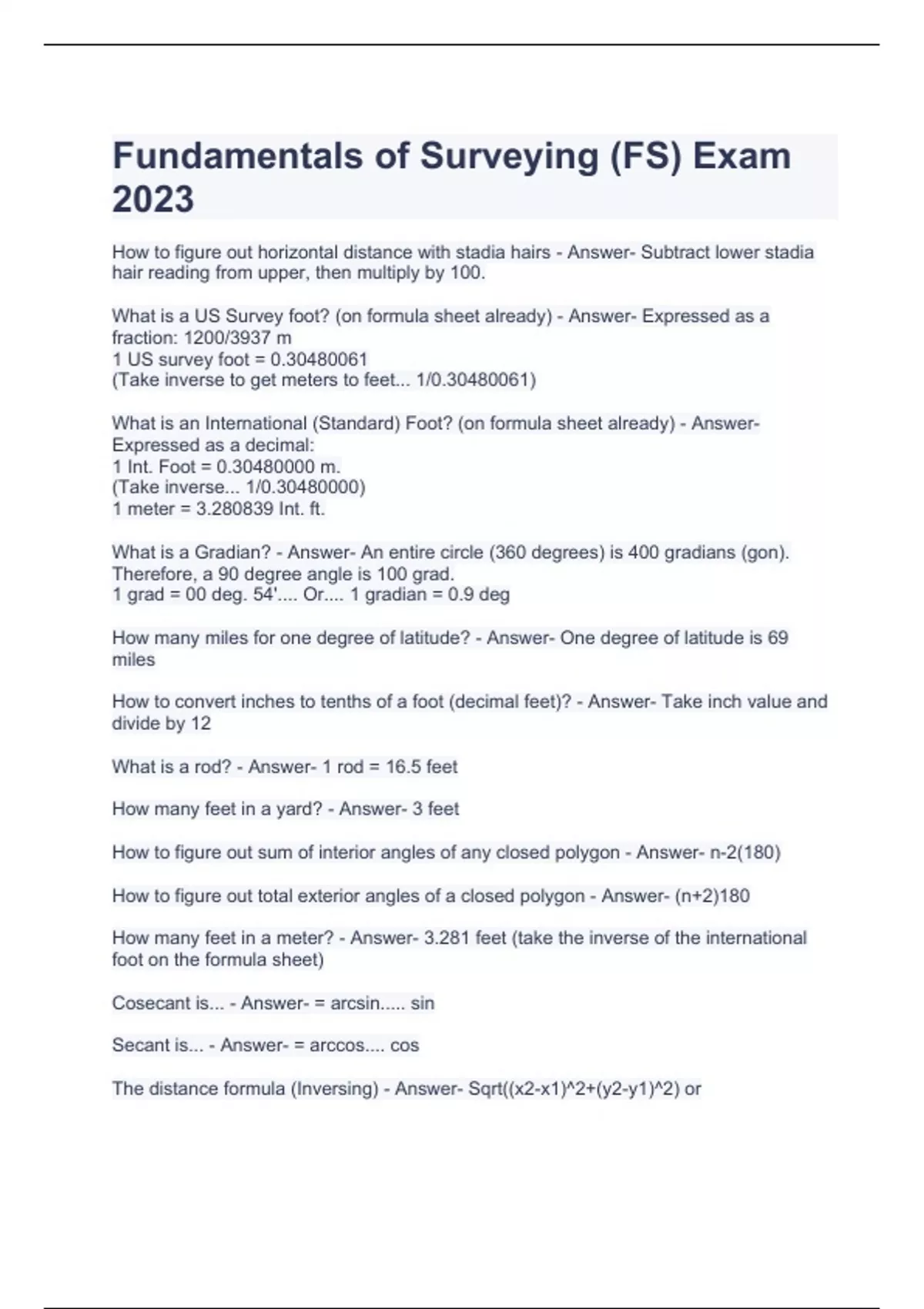 Fundamentals of Surveying (FS) Exam 2023 - Fundamentals of Surveying - Stuvia US
