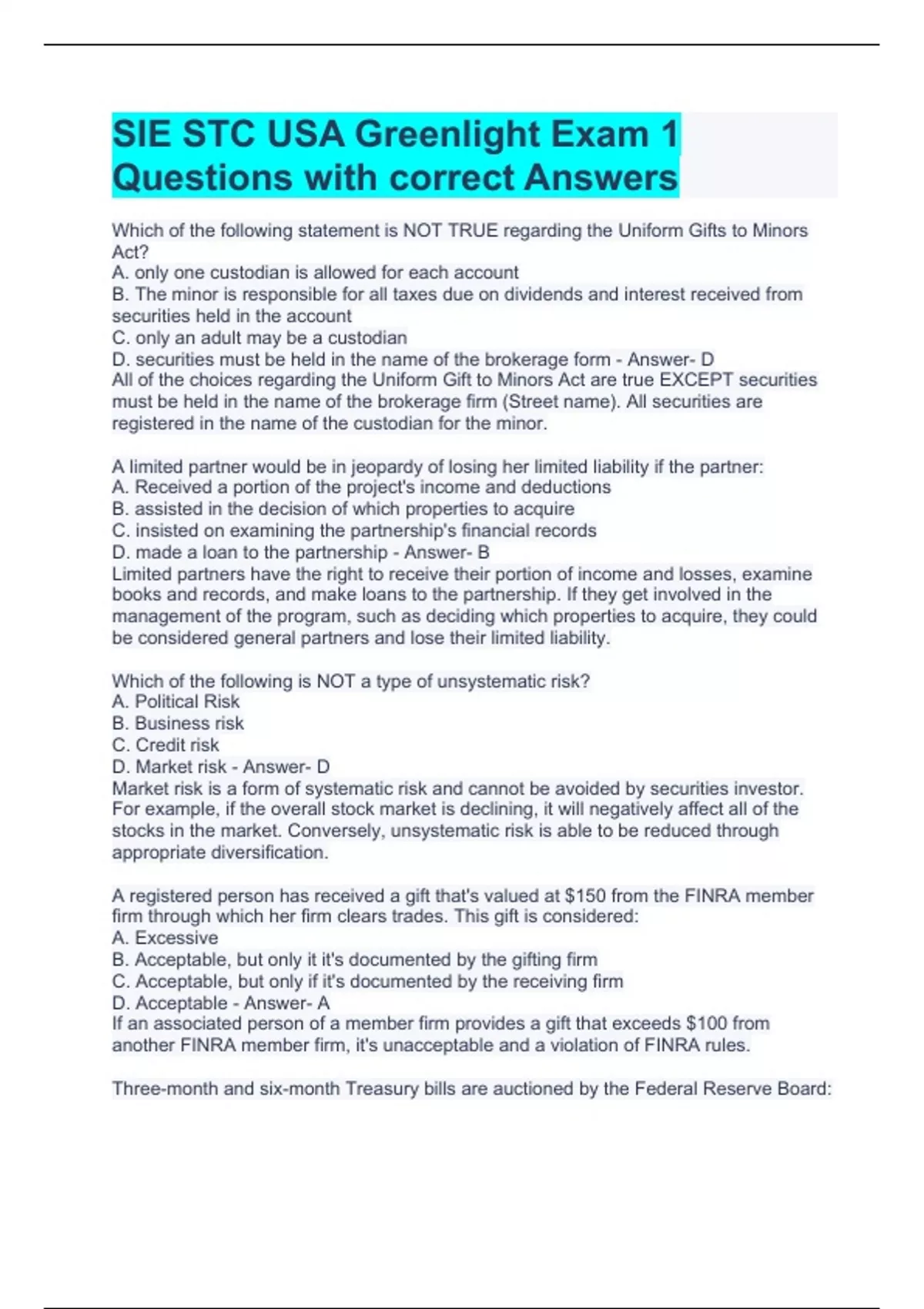 SIE STC USA Greenlight Exam 1 Questions with correct Answers - SIE STC ...