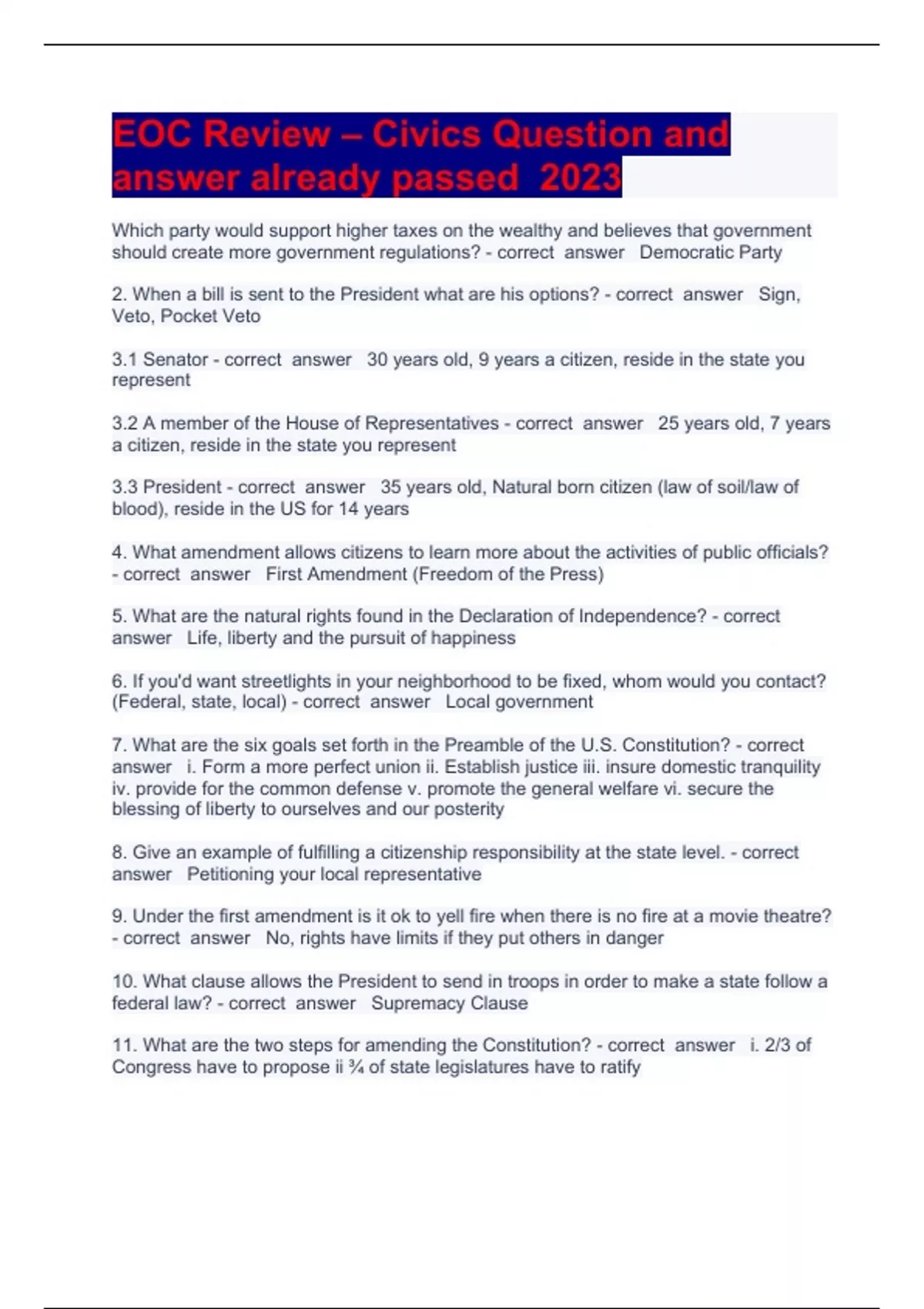 EOC Review – Civics Question and answer already passed 2023 - EOC ...