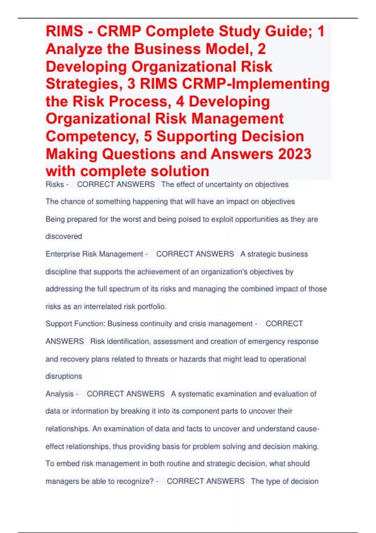 RIMS - CRMP Complete Study Guide; 1 Analyze the Business Model, 2 ...