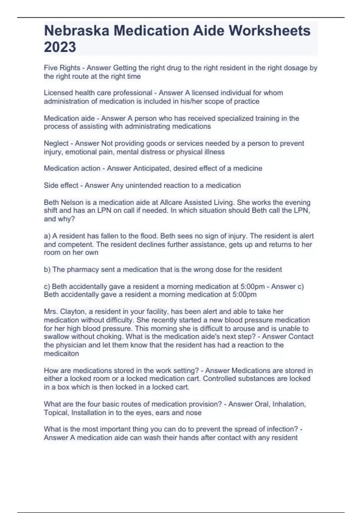 Nebraska Medication Aide Worksheets 2023 - Nebraska State Medication ...