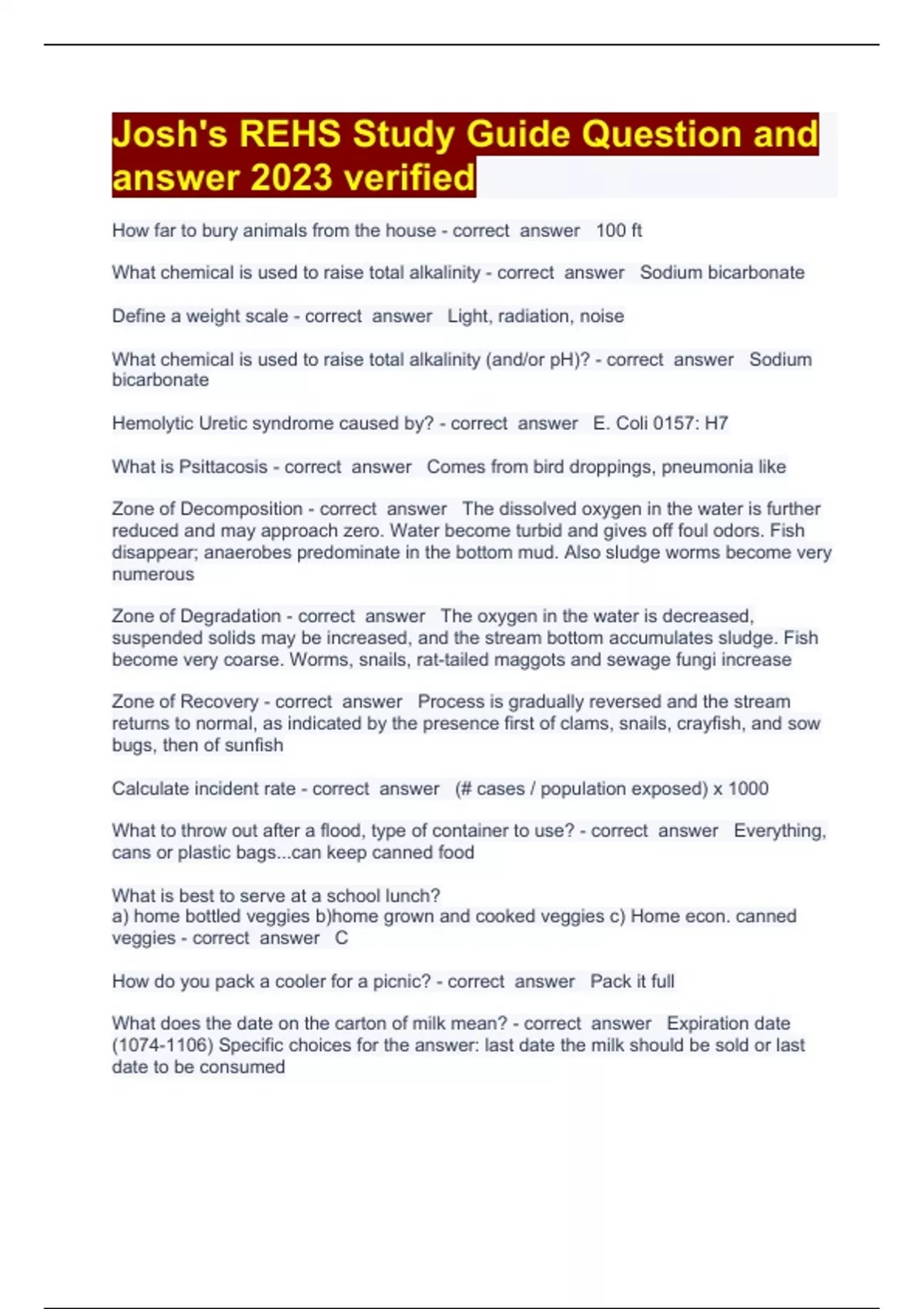 Josh's REHS Study Guide Question and answer 2023 verified - Josh\'s ...
