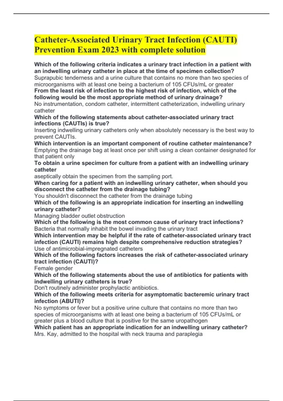 Catheter-Associated Urinary Tract Infection (CAUTI) Prevention Exam ...