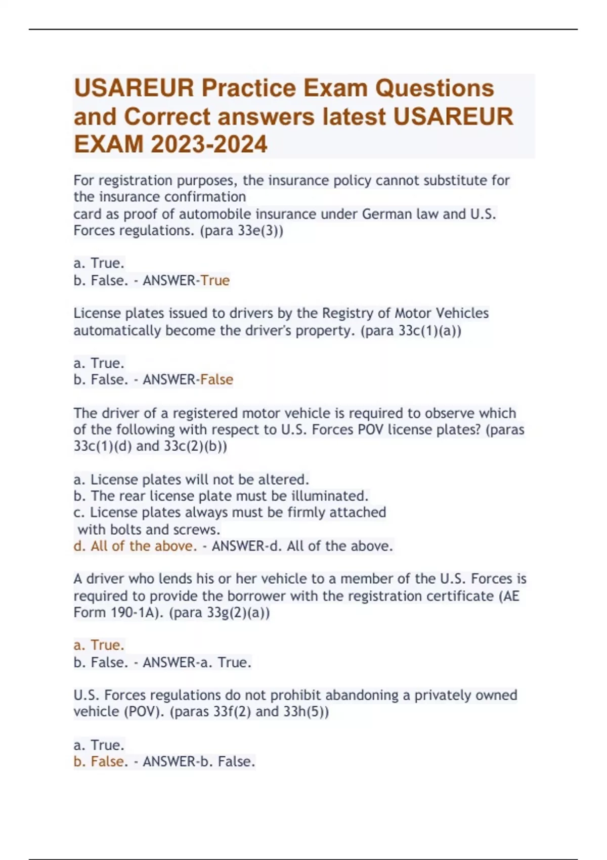 USAREUR Practice Exam Questions and Correct answers latest USAREUR EXAM ...