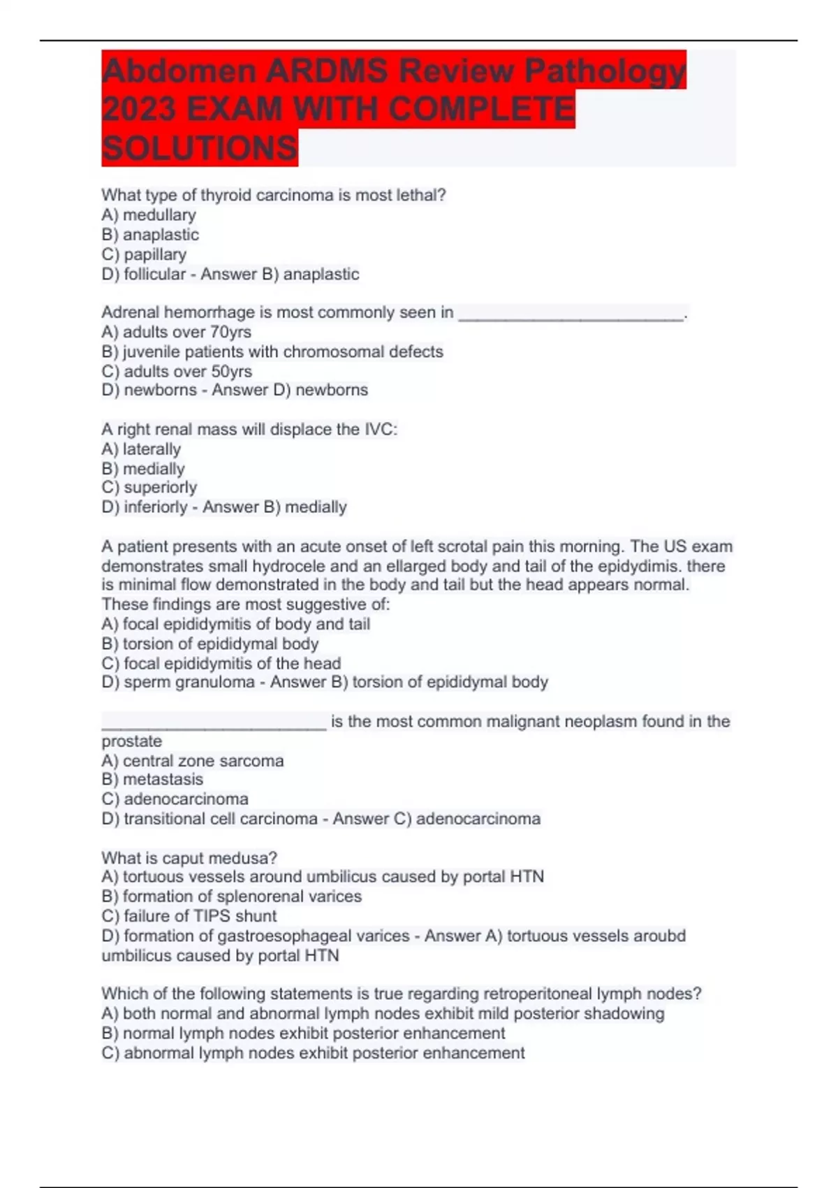 Abdomen ARDMS Review Pathology 2023 EXAM WITH COMPLETE SOLUTIONS ...