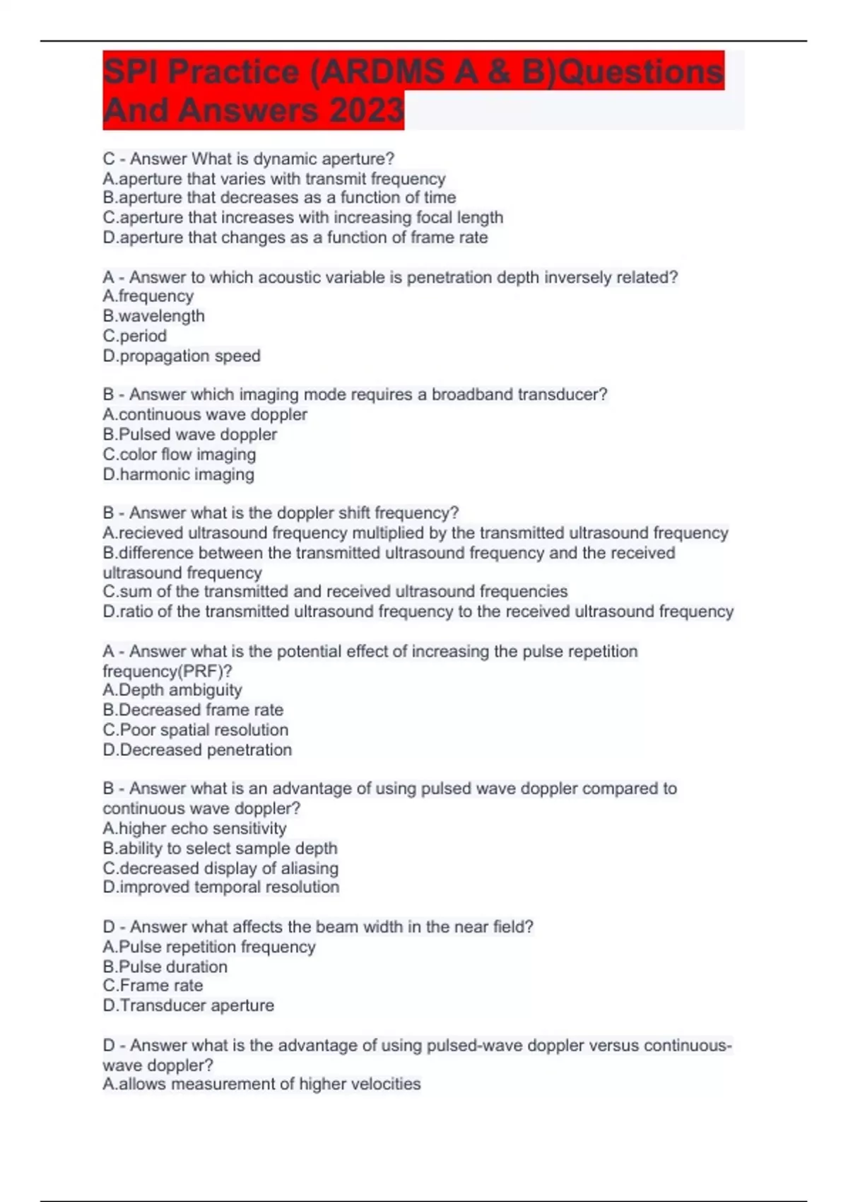 SPI Practice (ARDMS A & B)Questions And Answers 2023 - SPI Practice - Stuvia US