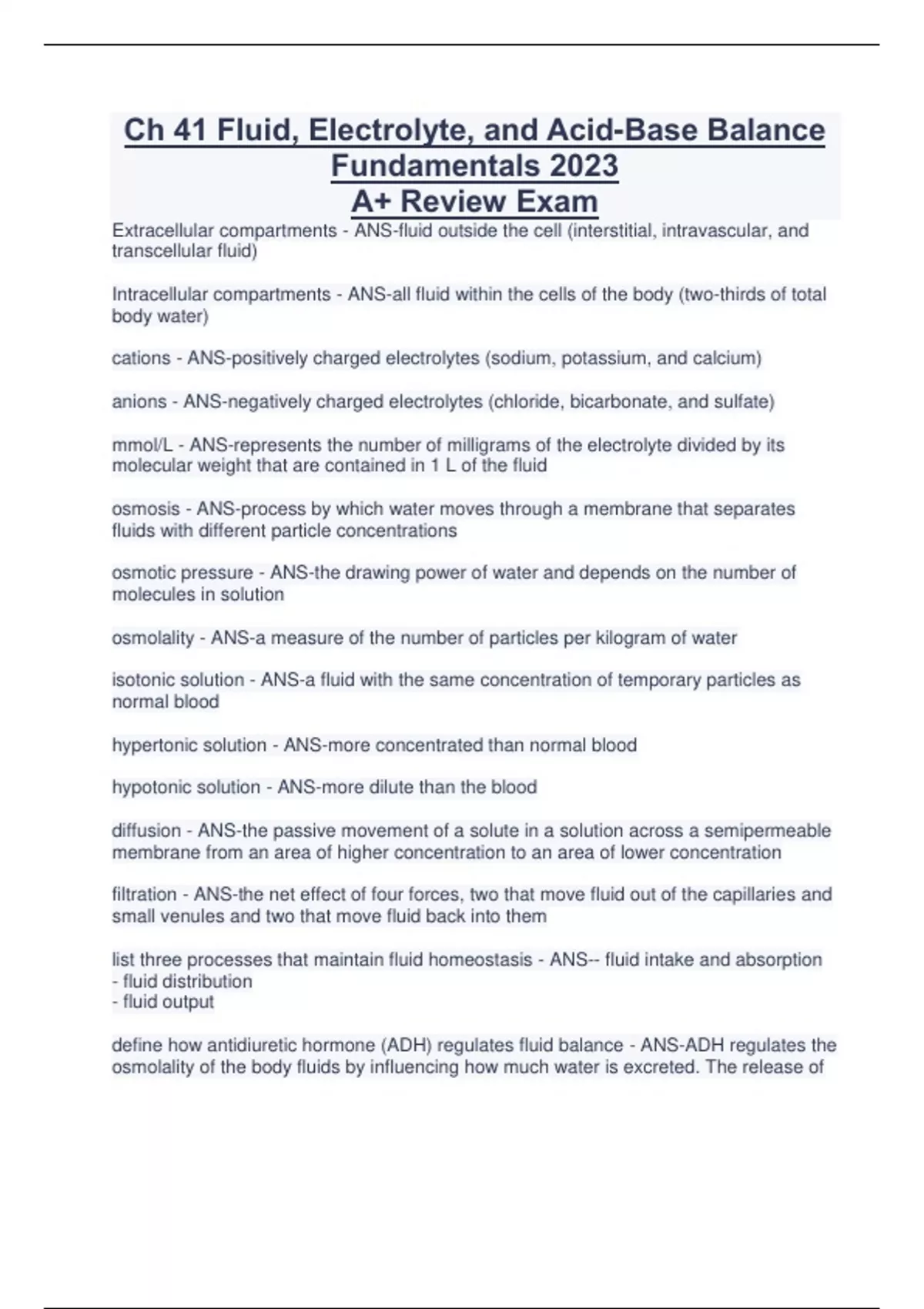 Ch 41 Fluid, Electrolyte, and Acid-Base Balance Fundamentals 2023 A+ ...
