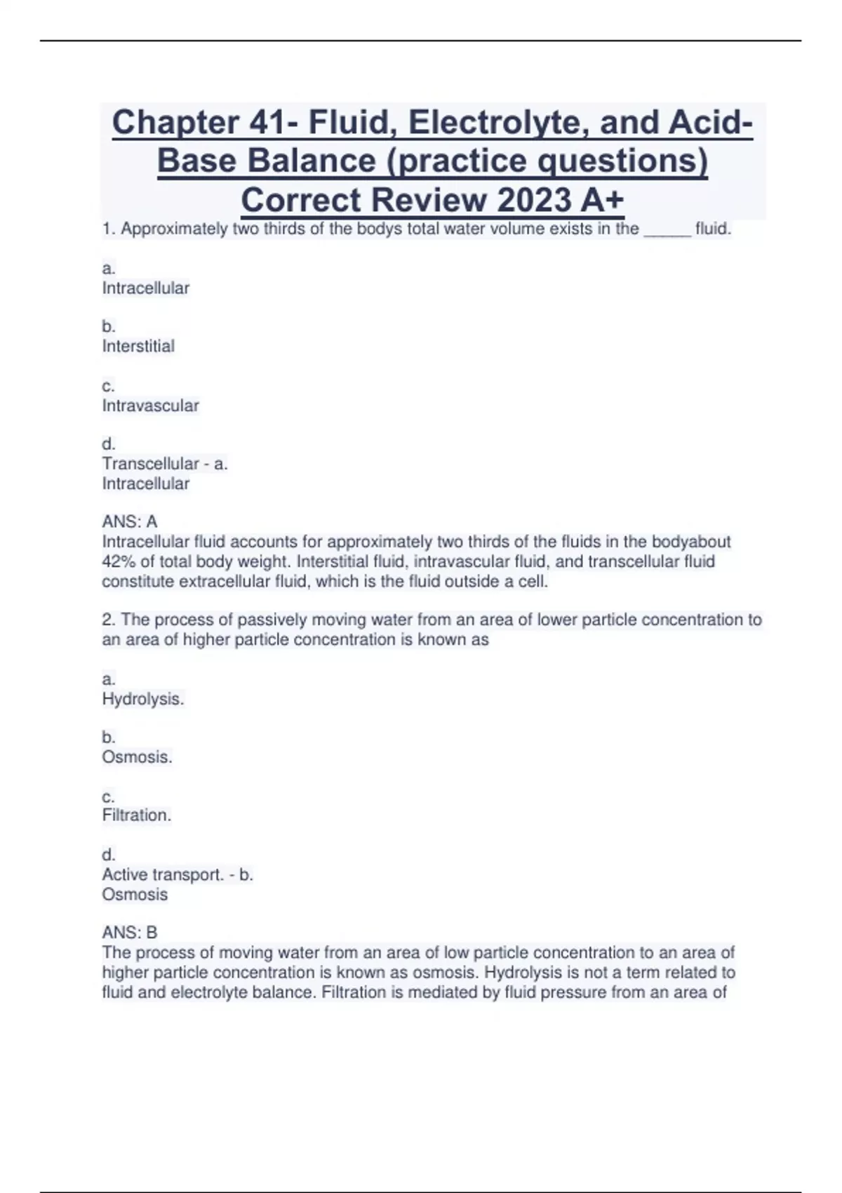Chapter 41- Fluid, Electrolyte, and Acid Base Balance (practice ...