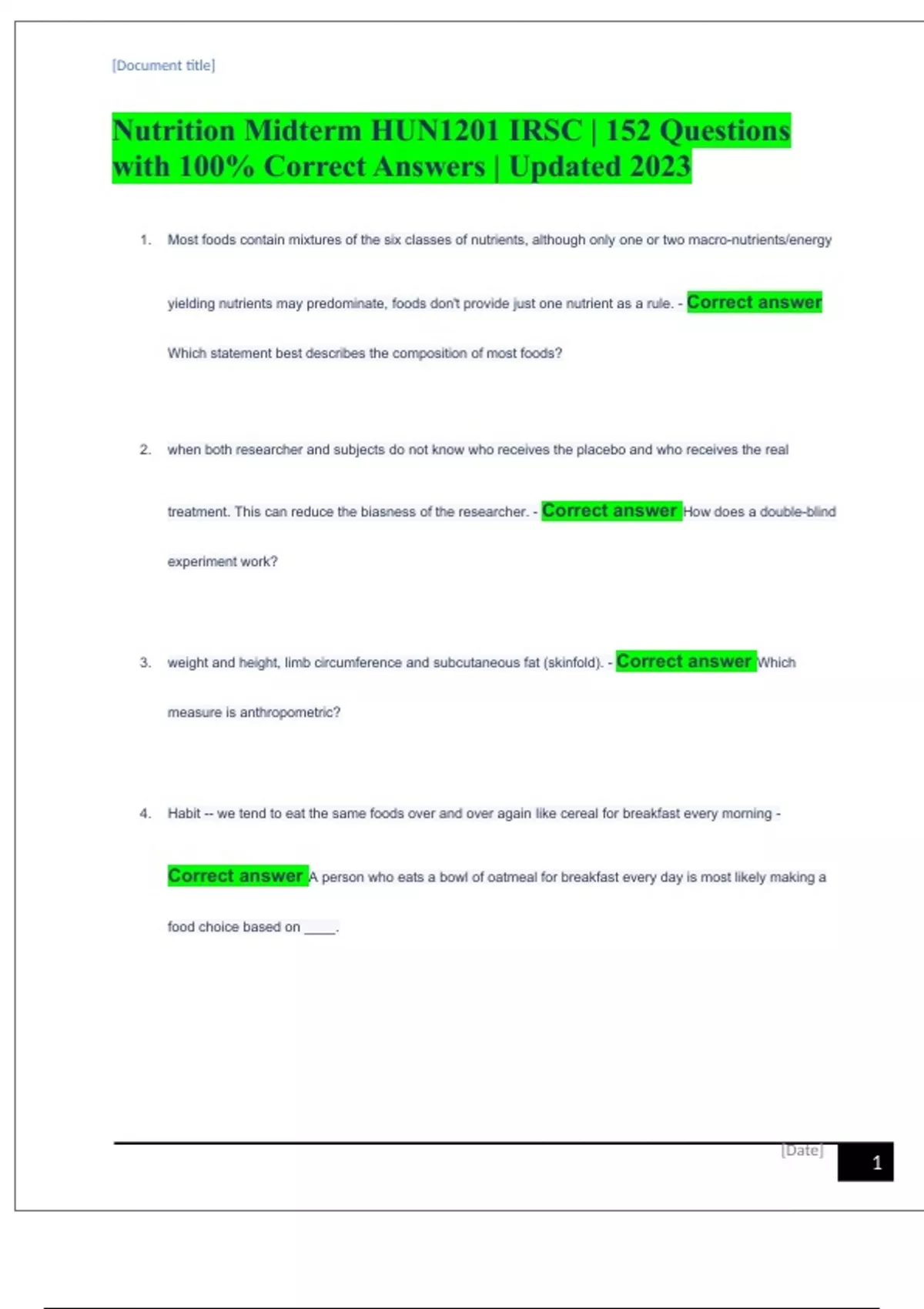 Nutrition Midterm HUN1201 IRSC | 152 Questions with 100% Correct Answers | Updated 2023 ...