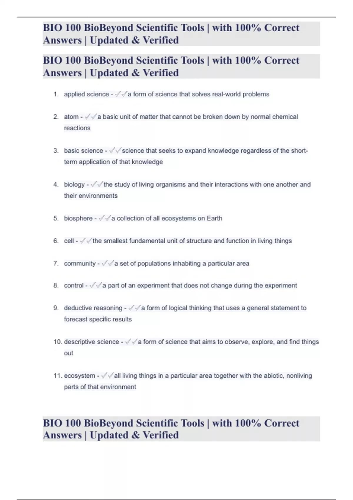 BIO 100 BioBeyond Scientific Tools | with 100% Correct Answers ...