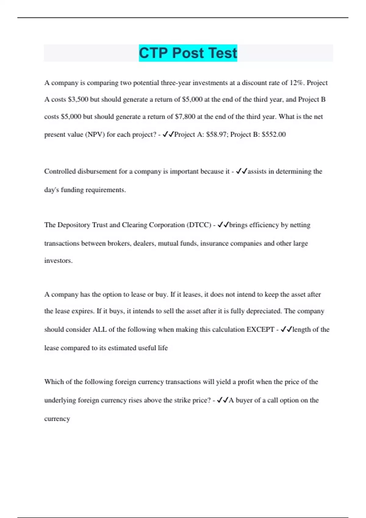 CTP Post Test | 94 Questions with 100% Correct Answers | Verified - CTP ...