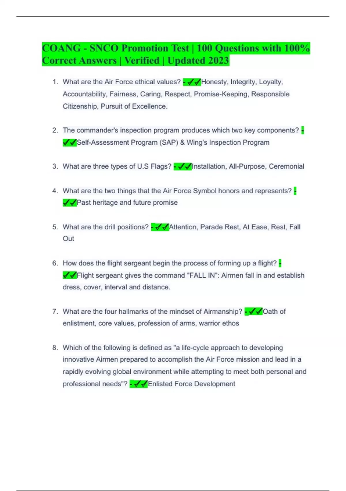 COANG - SNCO Promotion Test | 100 Questions with 100% Correct Answers ...