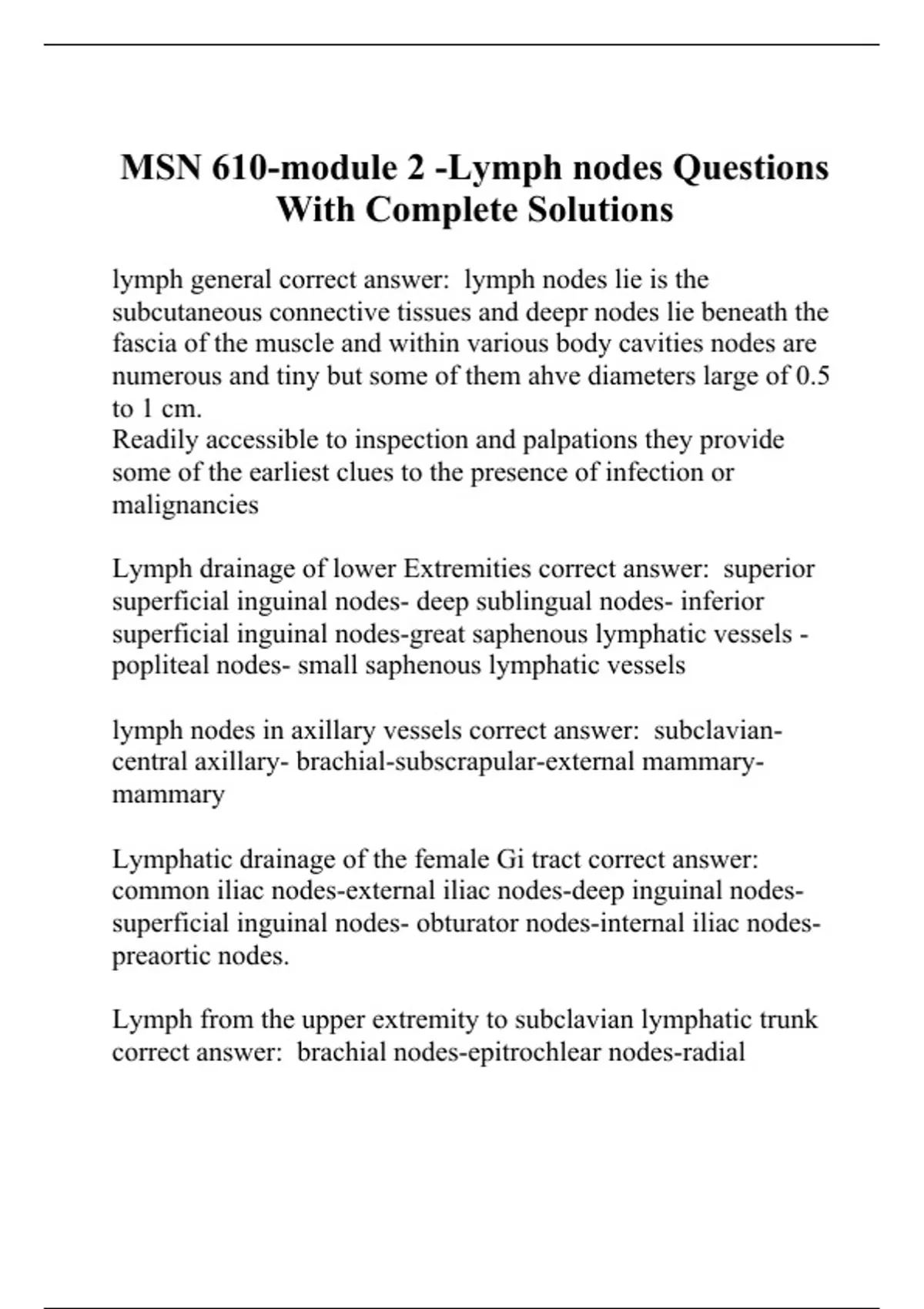 MSN 610-module 2 -Lymph nodes Questions With Complete Solutions - MSN ...