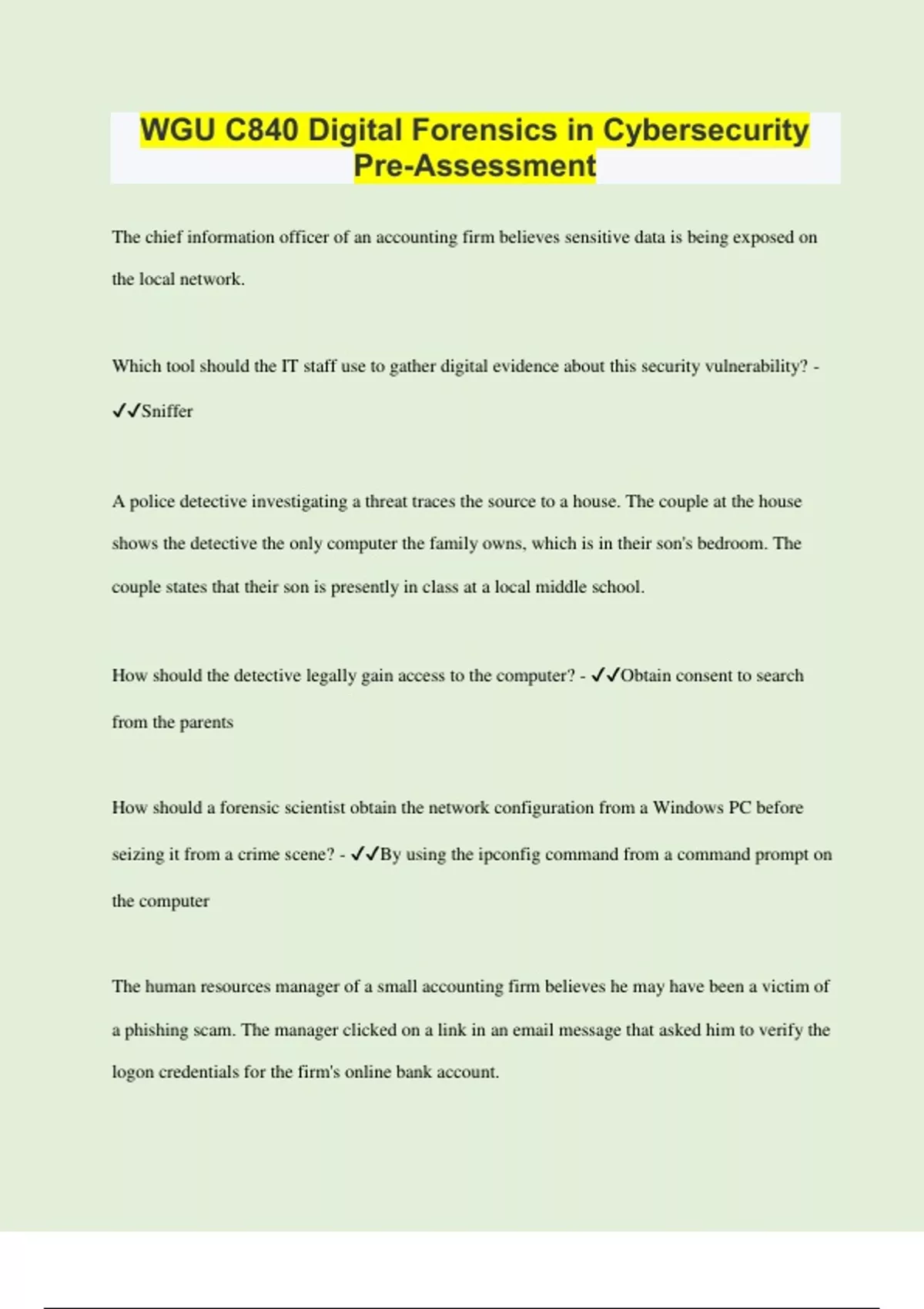 WGU C840 Digital Forensics in Cybersecurity Pre-Assessment | 50 Questions with 100% Correct ...