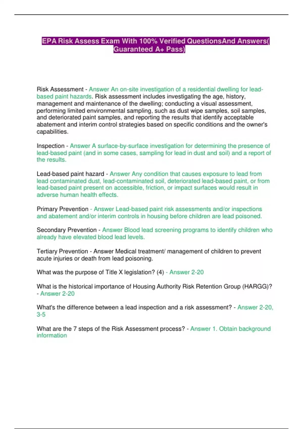 EPA Risk Assess Exam With 100% Verified Questions And Answers( Guaranteed A+ Pass) - EPA Risk ...