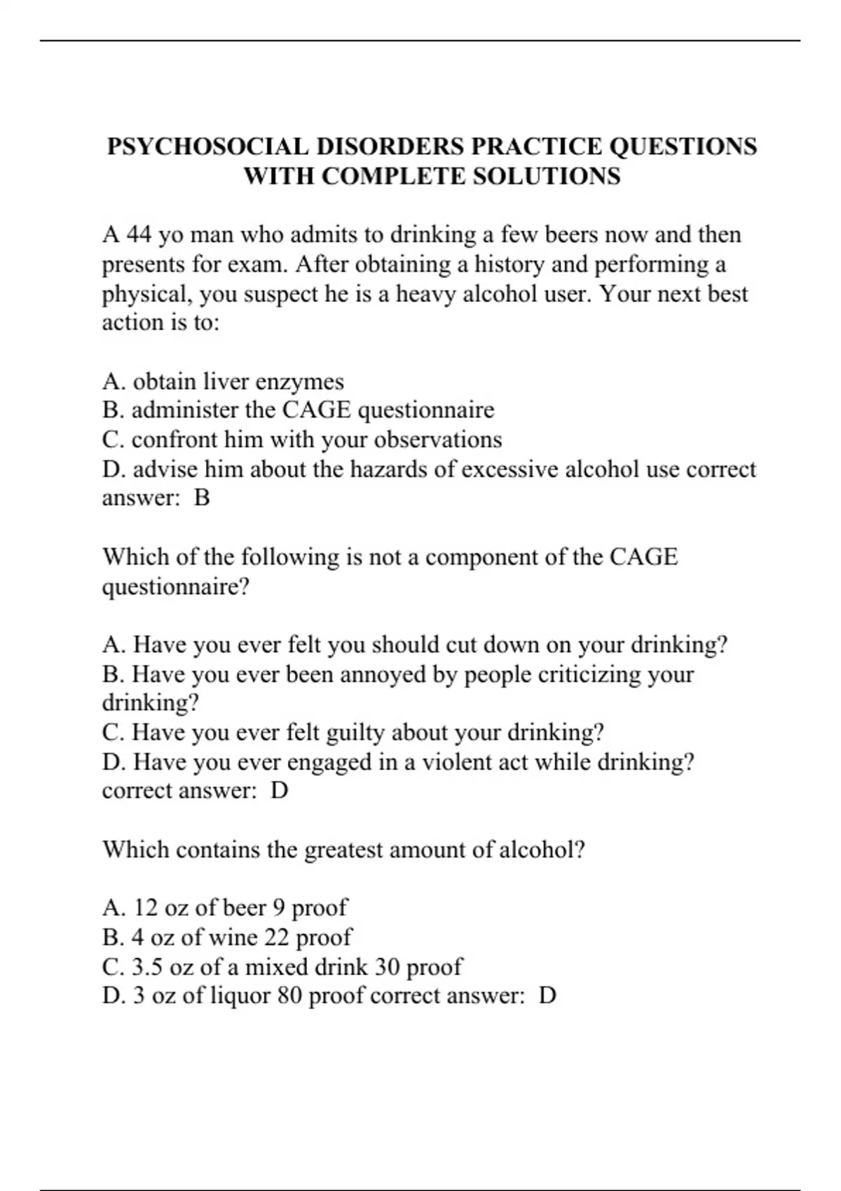 PSYCHOSOCIAL DISORDERS PRACTICE QUESTIONS WITH COMPLETE SOLUTIONS ...