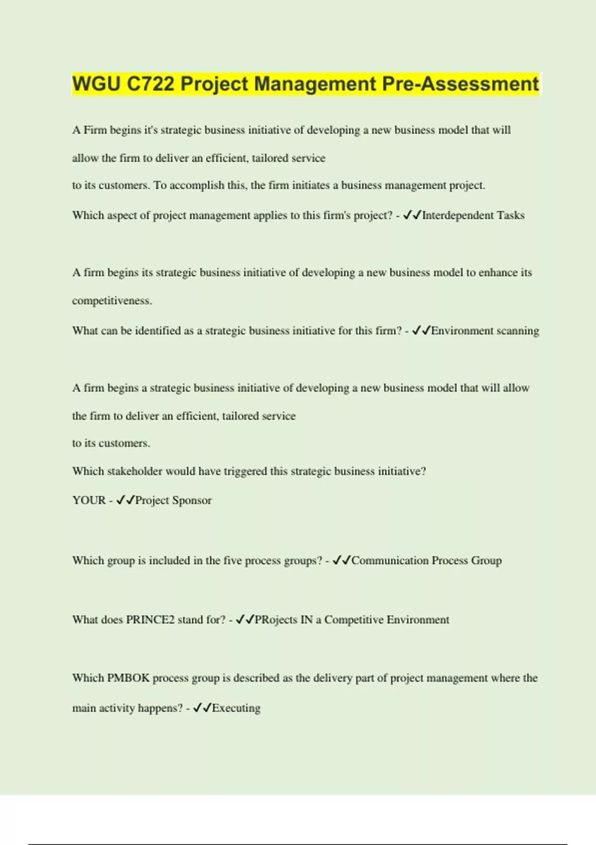 WGU C722 Project Management Pre-Assessment | 70 Questions with 100% Correct Answers | Verified ...