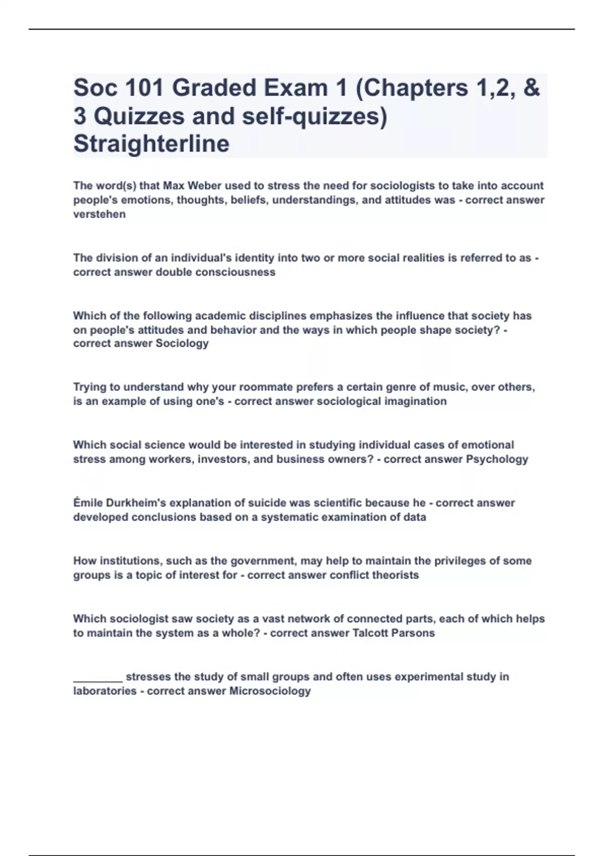 Soc 101 Graded Exam 1 (Chapters 1,2, & 3 Quizzes and self-quizzes ...