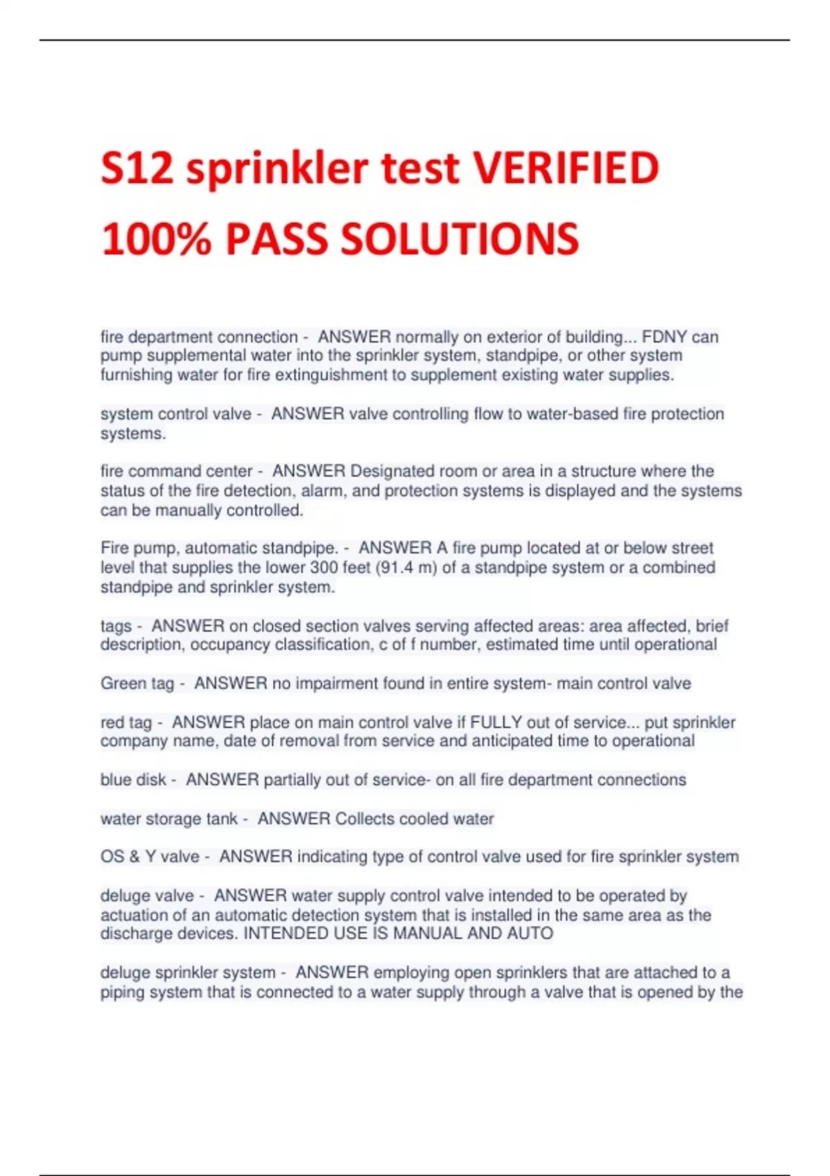 S12 sprinkler test VERIFIED 100% PASS SOLUTIONS - Sprinkler - Stuvia US