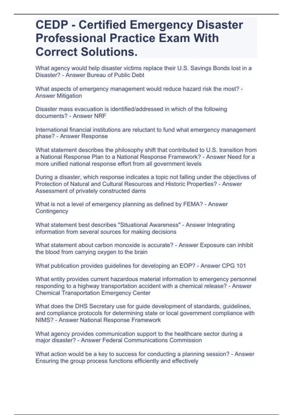 CEDP - Certified Emergency Disaster Professional Practice Exam With ...