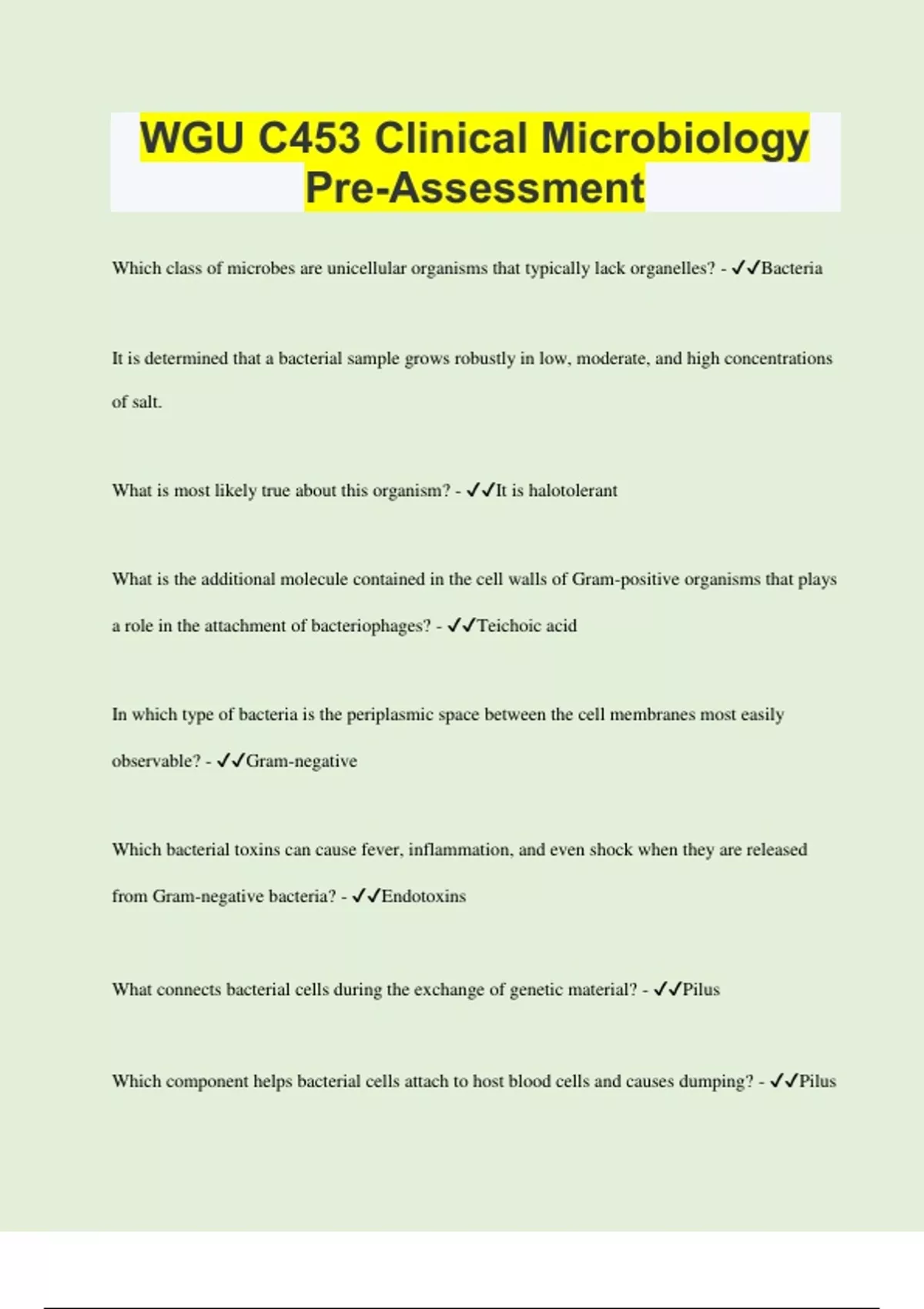 WGU C453 Clinical Microbiology Pre-Assessment | 60 Questions with 100% Correct Answers ...