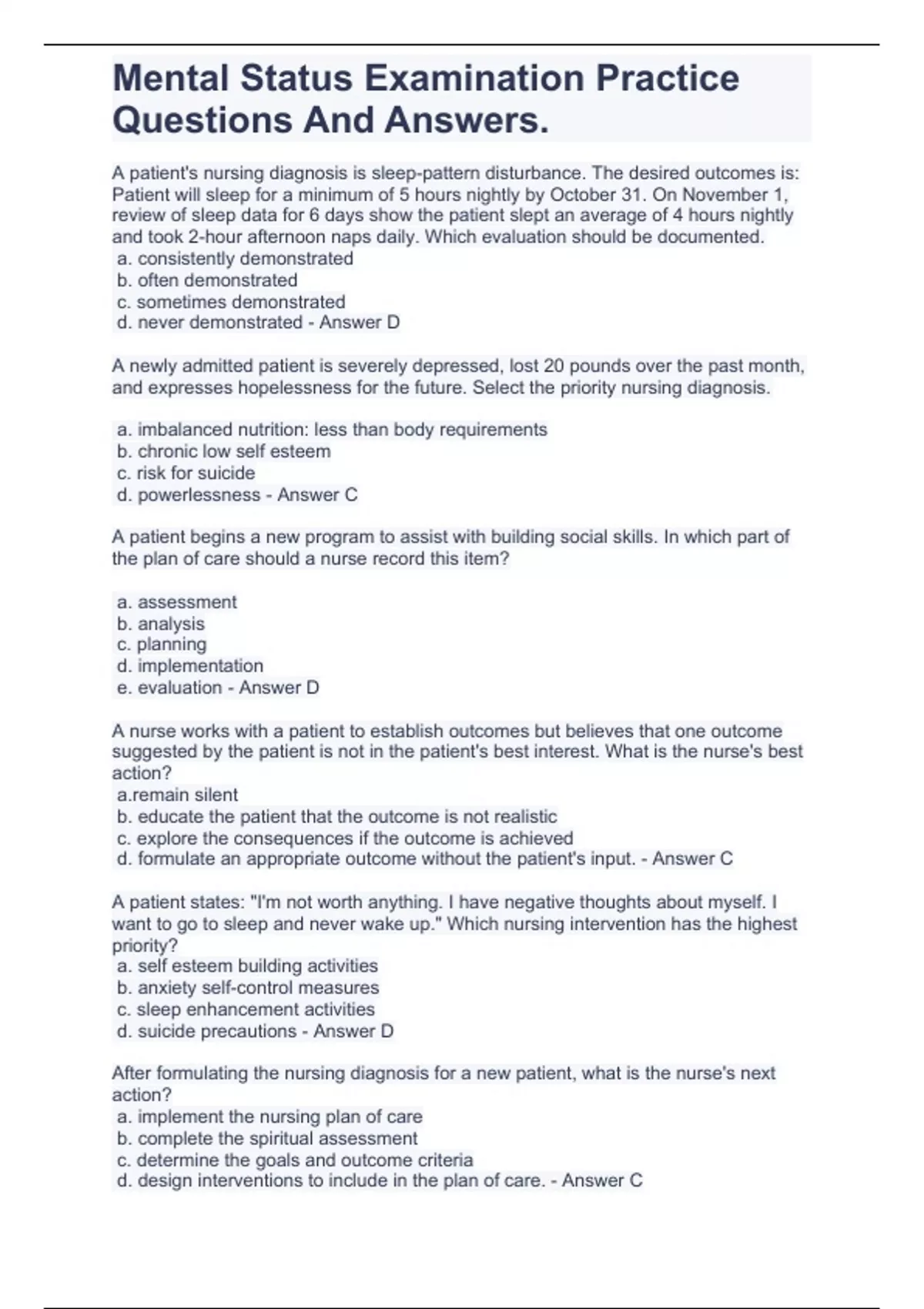 Mental Status Examination Practice Questions And Answers. - Mental ...