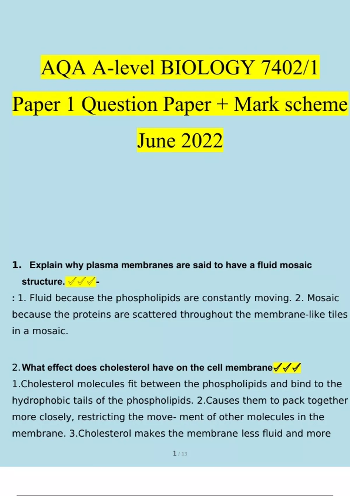 AQA A level BIOLOGY Paper 1 Paper 2 Paper 3 Question Paper Mark