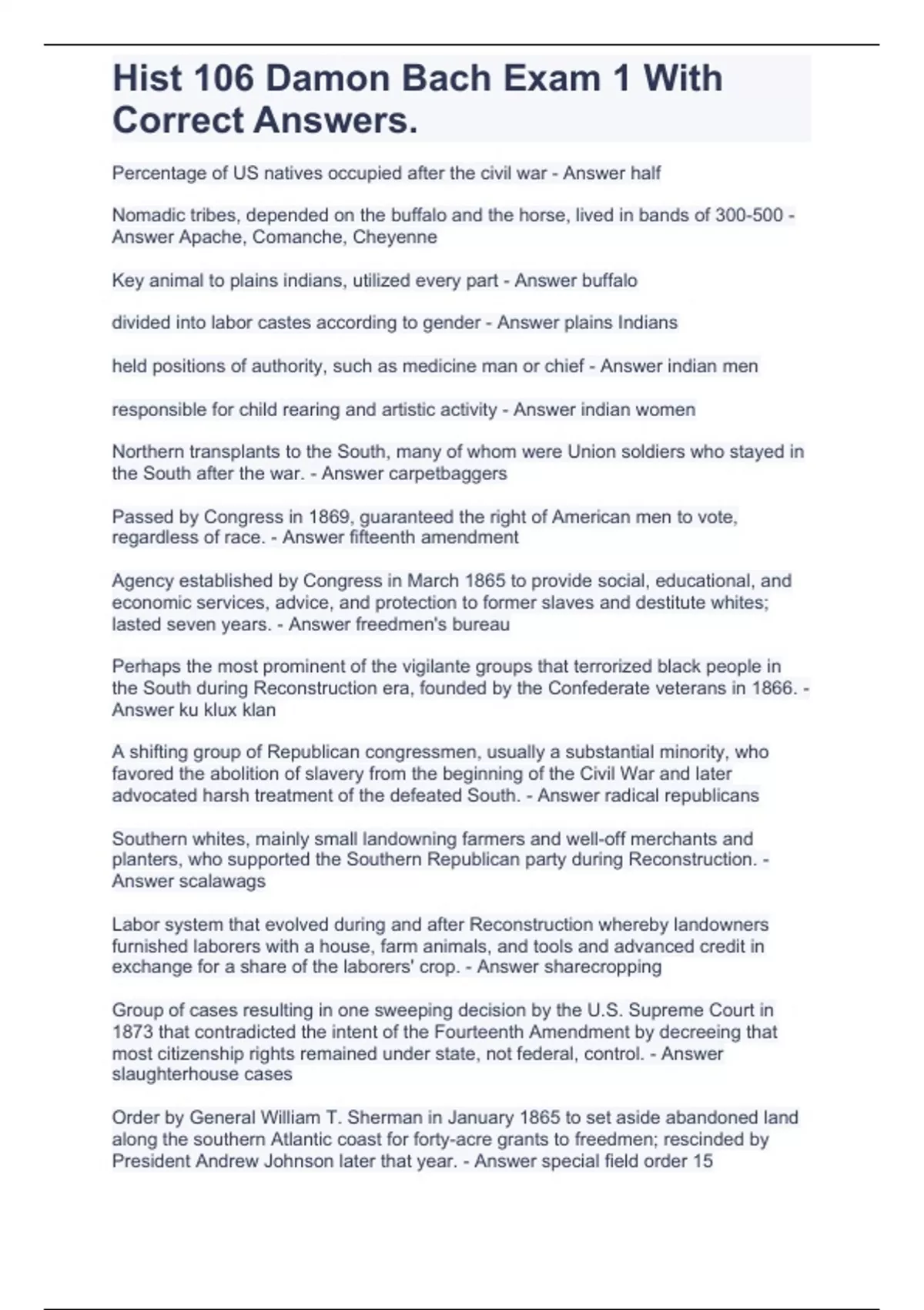 Hist 106 Damon Bach Exam 1 With Correct Answers. - Hist 106 - Stuvia US