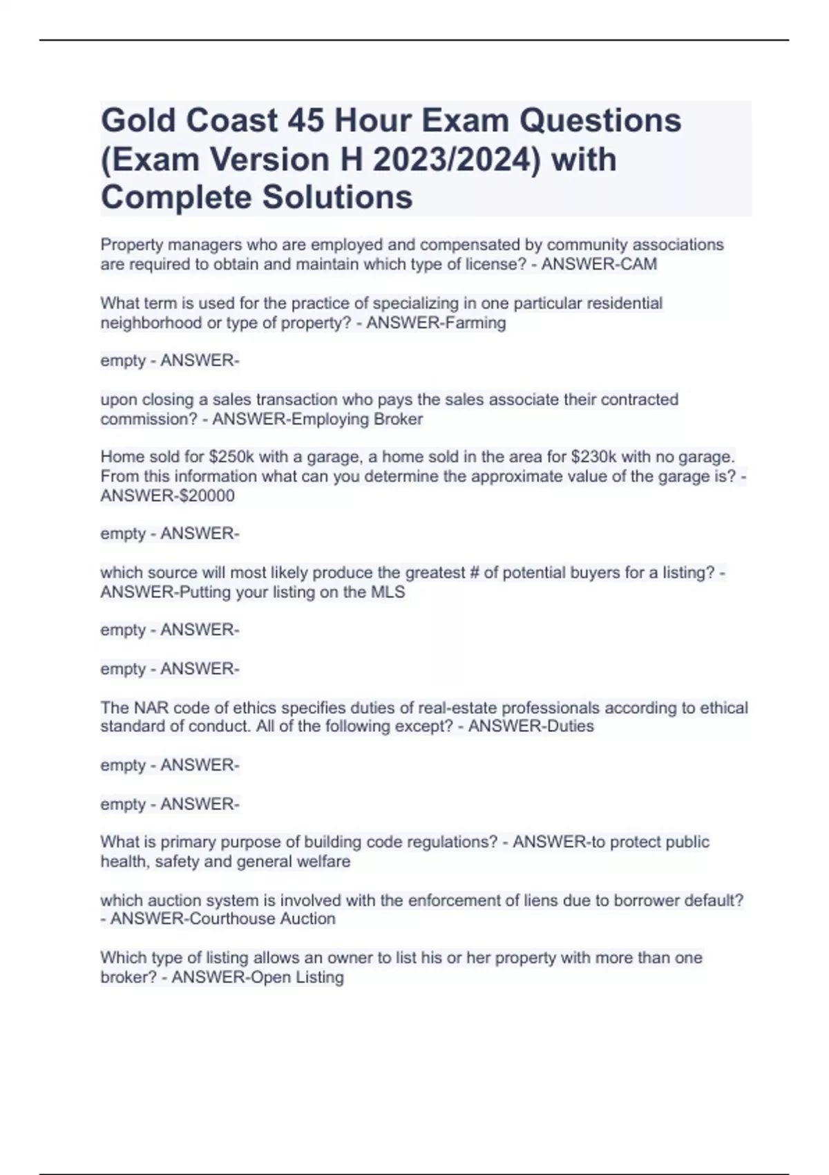 Gold Coast 45 Hour Exam Questions (Exam Version H 2023/2024) with ...