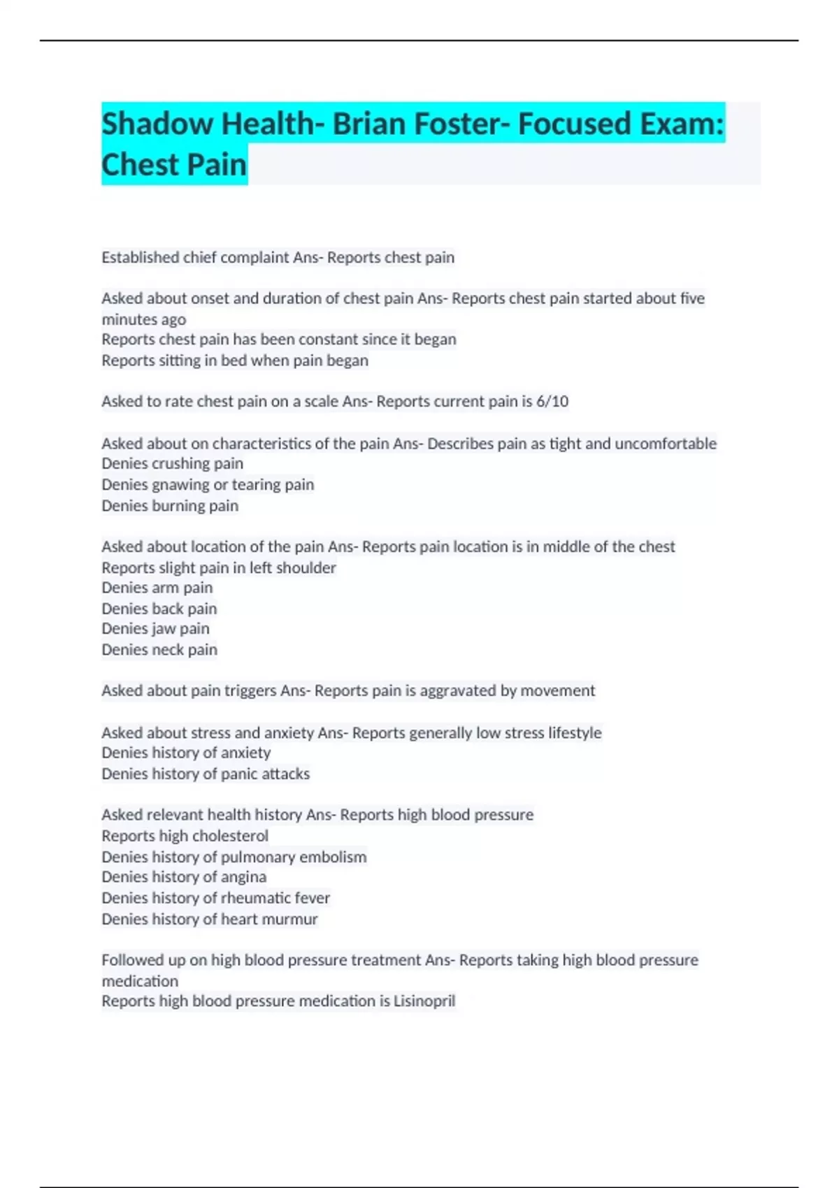 Shadow Health- Brian Foster- Focused Exam: Chest Pain with complete ...