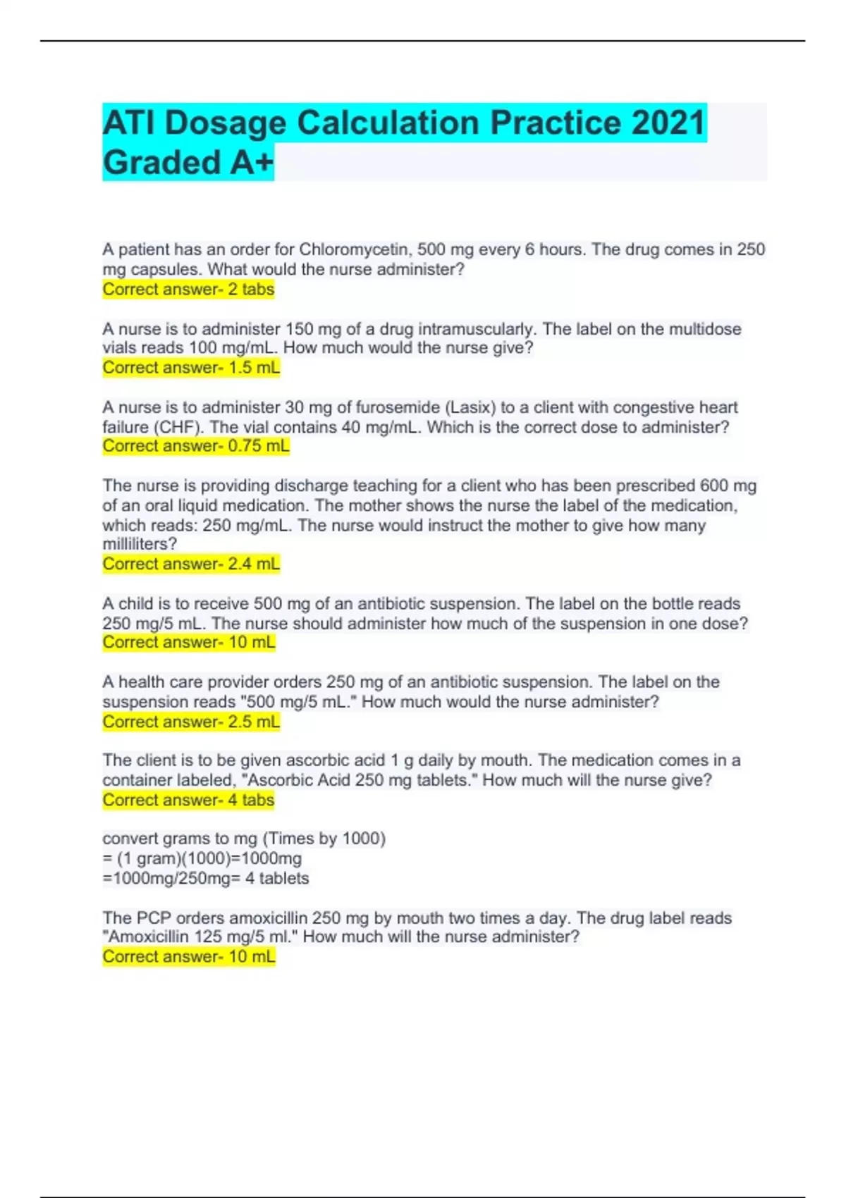 ATI Dosage Calculation Practice 2021 Graded A+ - ATI Dosage Calculation ...