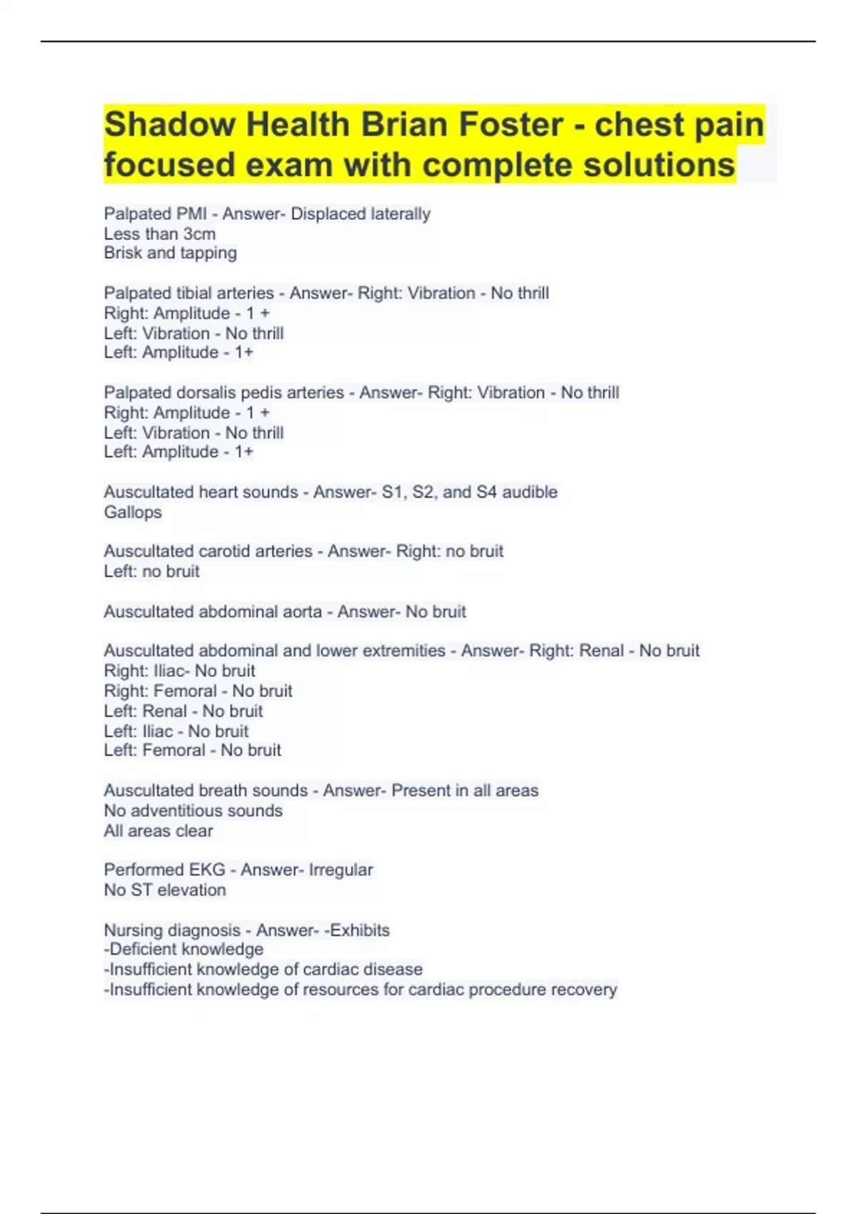 Shadow Health Brian Foster - chest pain focused exam with complete solutions - Shadow Health ...