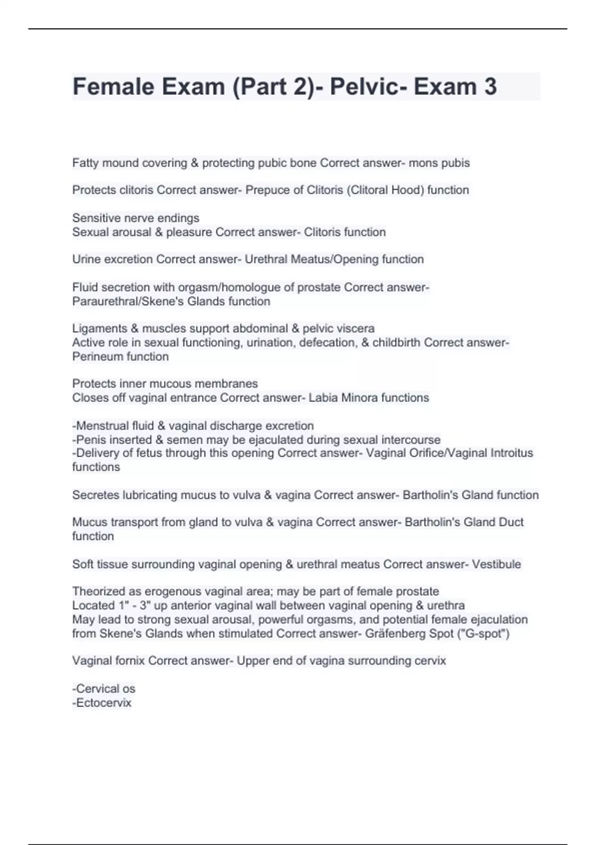 Female Exam (Part 2)- Pelvic- Exam 3 - Pelvic - Stuvia US