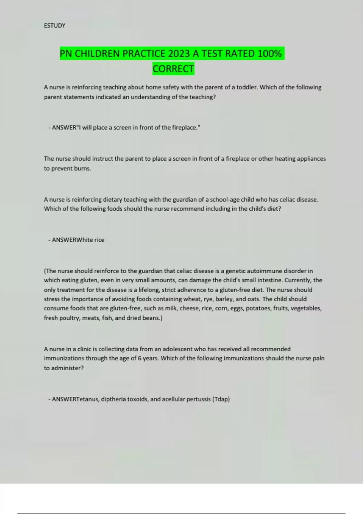 PN CHILDREN PRACTICE 2023 A TEST RATED 100% CORRECT - PN CHILDREN ...