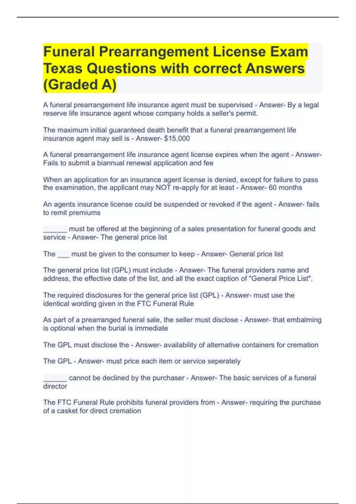 Funeral Prearrangement License Exam Texas Questions with correct ...