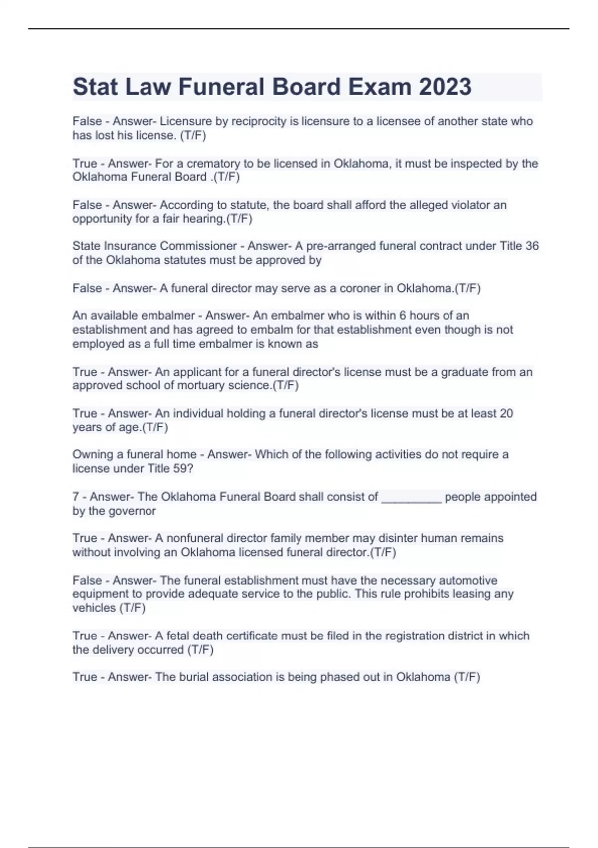 Stat Law Funeral Board Exam 2023 - Stat Law Funeral Board - Stuvia US