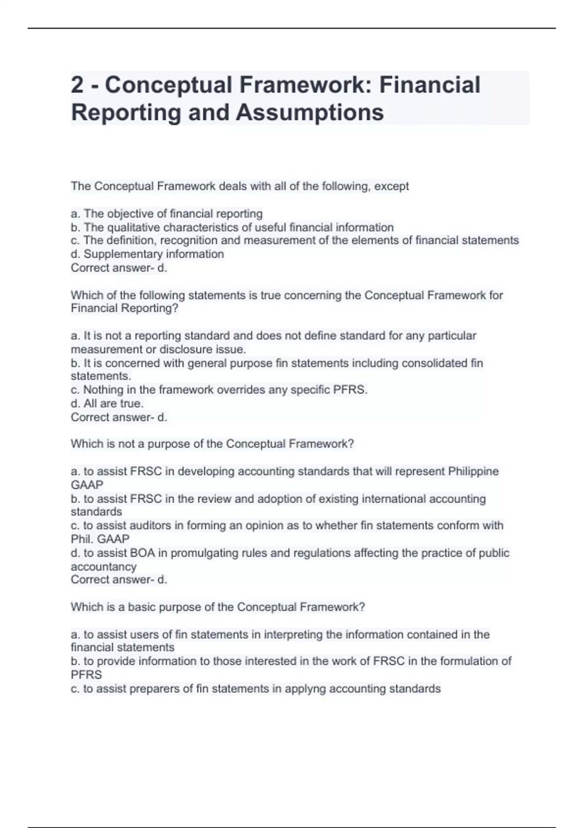 Conceptual Framework: Financial Reporting and Assumptions with complete solution - Conceptual ...