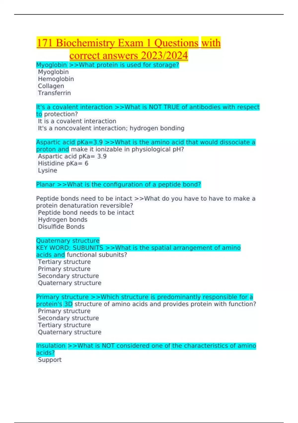 171 Biochemistry Exam 1 Questions With Correct Answers 2023 2024 171 Biochemistry Stuvia Us