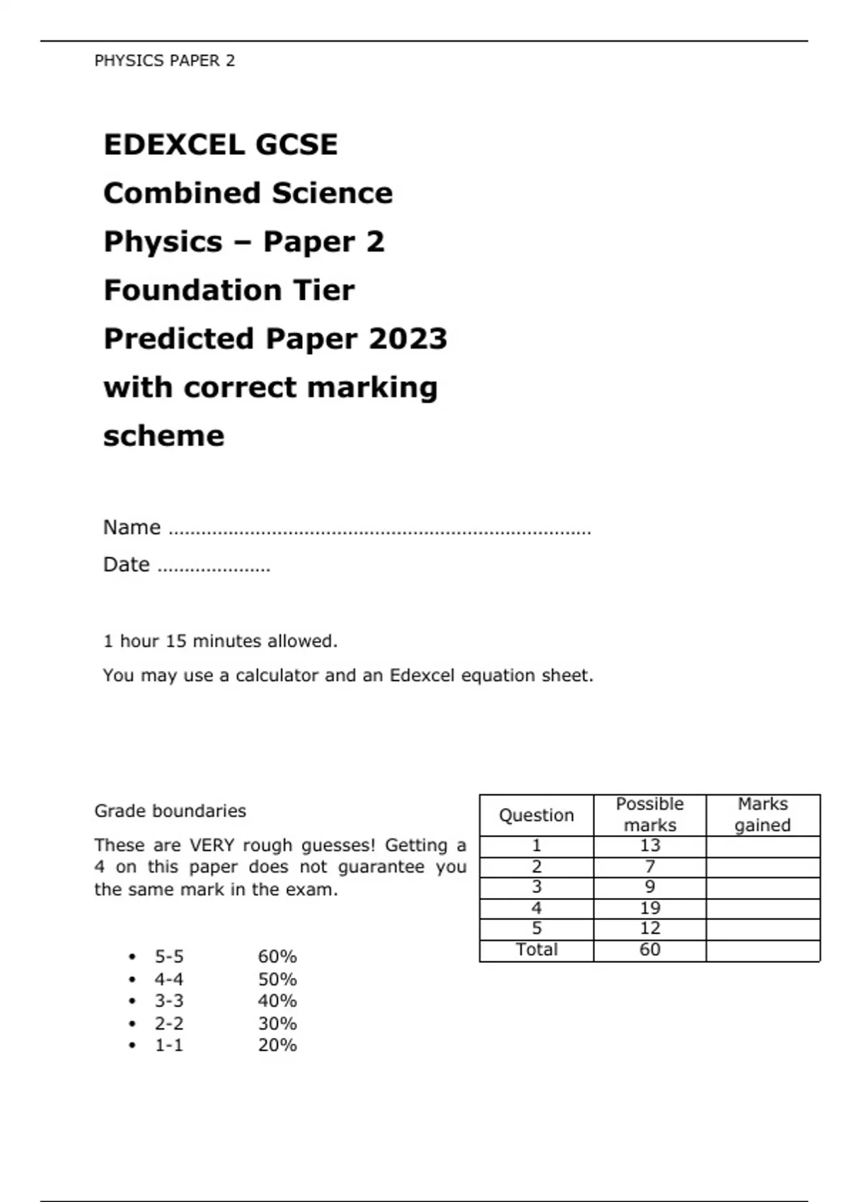 EDEXCEL GCSE Combined Science Physics – Paper 2 Foundation Tier ...