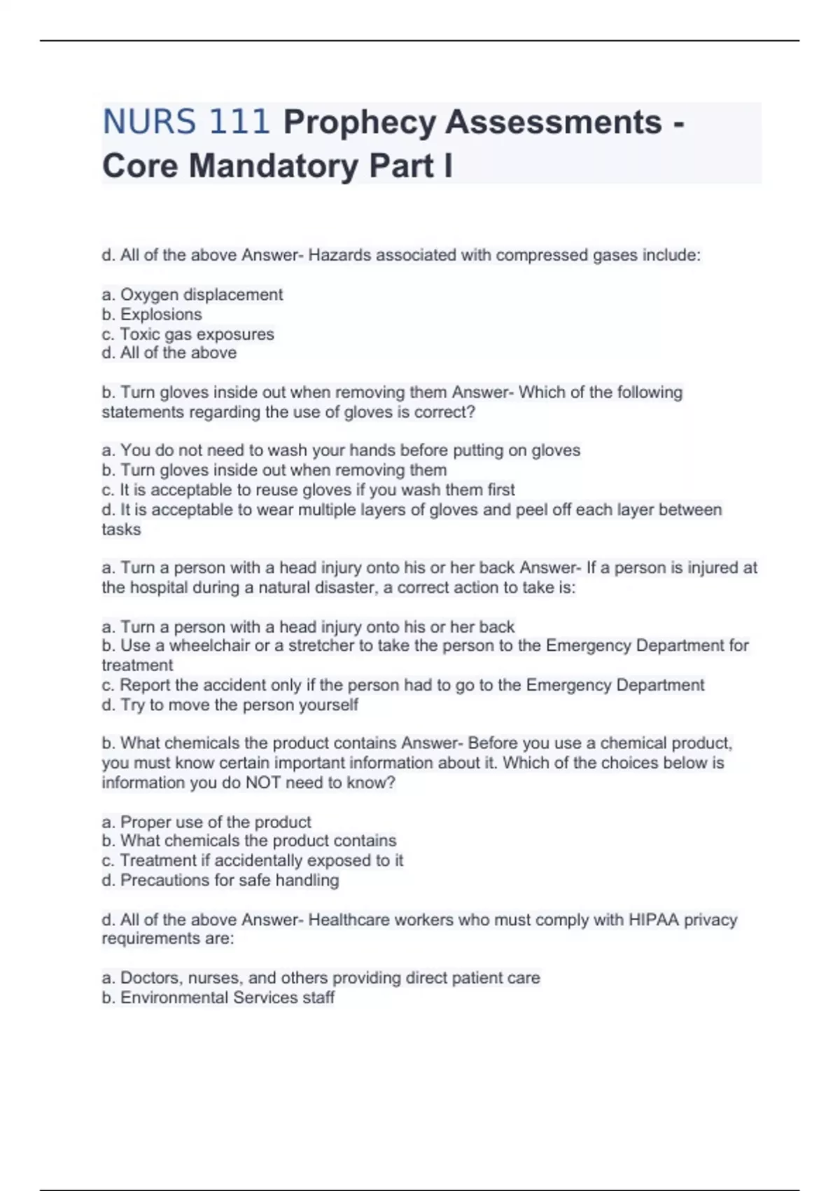 NURS 111 Prophecy Assessments - Core Mandatory Part I with complete ...