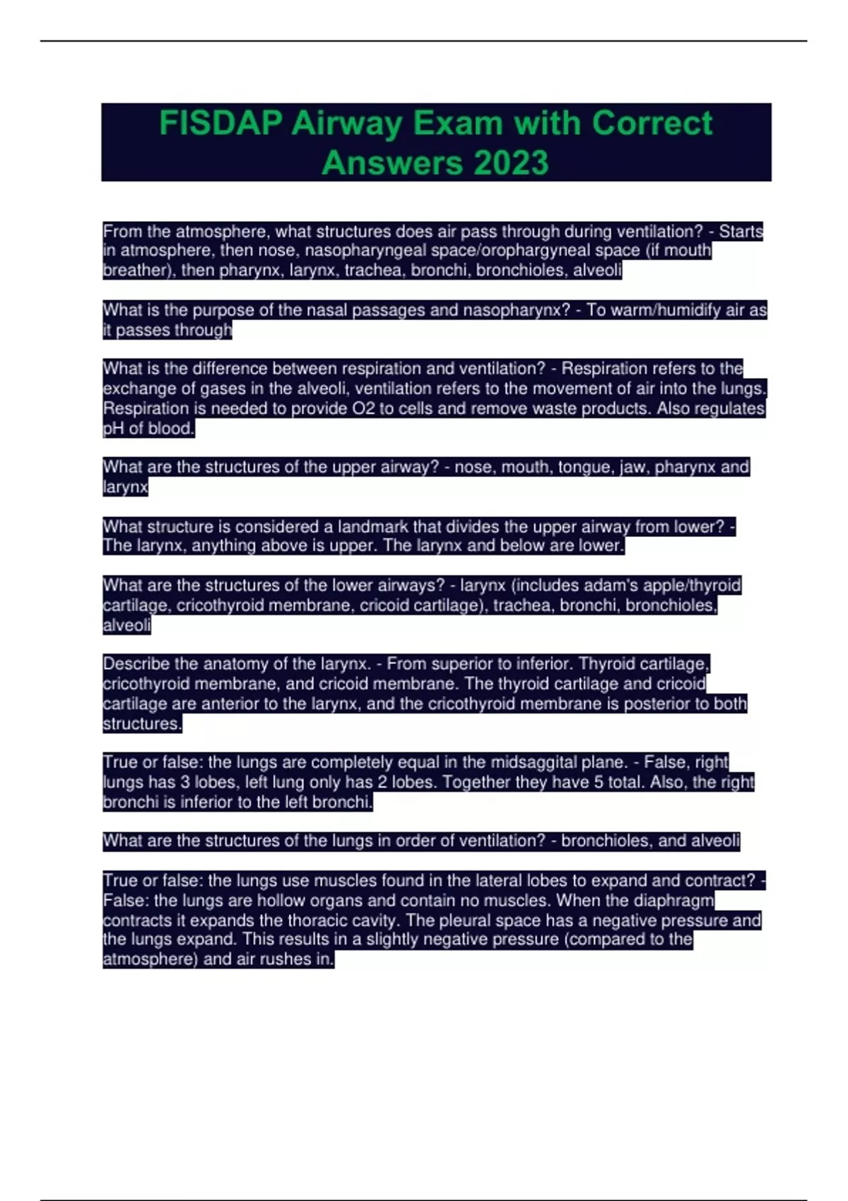 FISDAP Airway Exam with Correct Answers 2023 - FISDAP Airway - Stuvia US